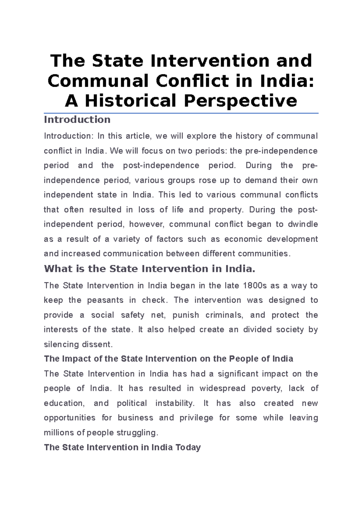 The State Intervention and Communal Conflict in India A Historical ...