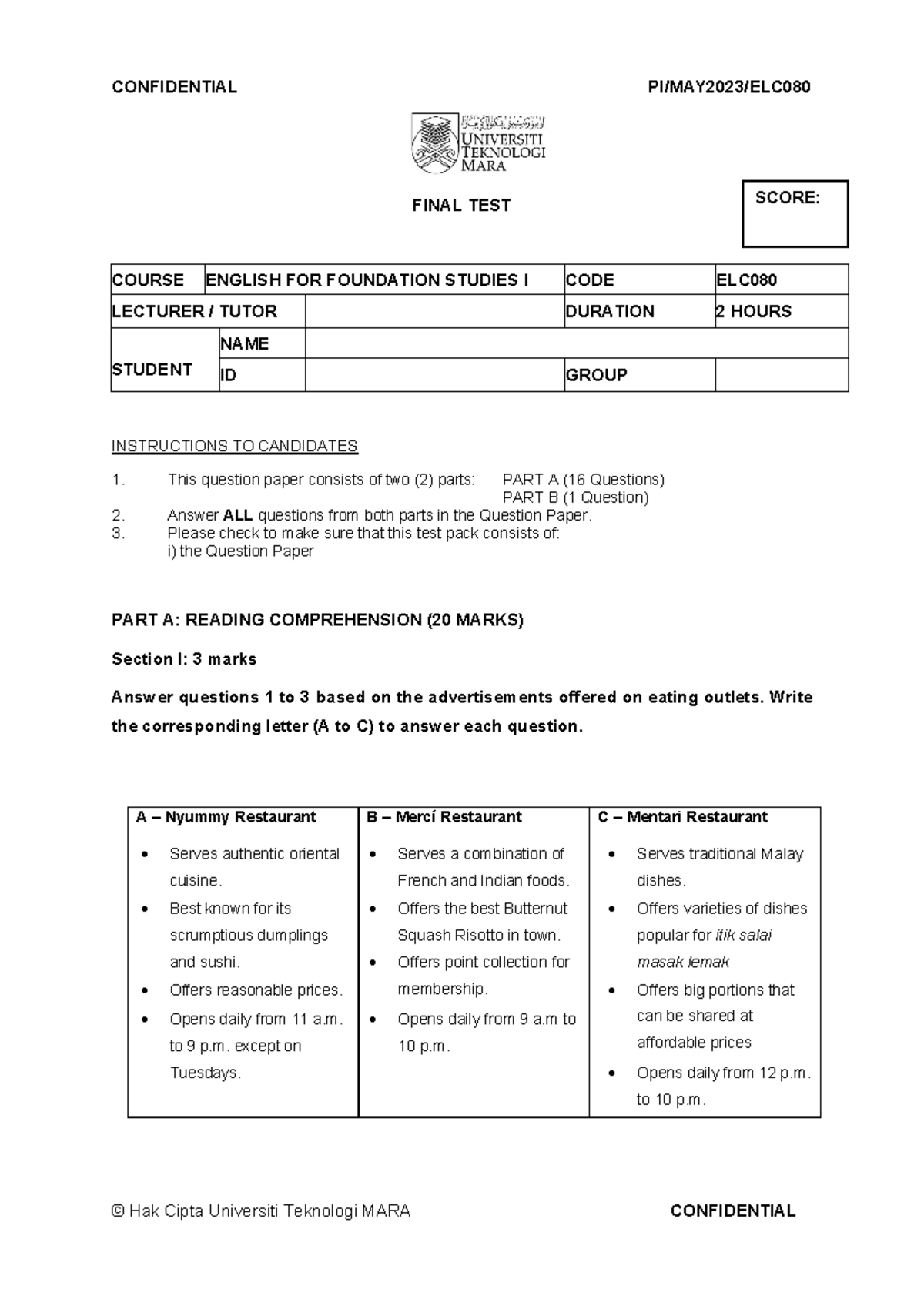 LCC C - lcc past year question - FINAL TEST INSTRUCTIONS TO CANDIDATES ...