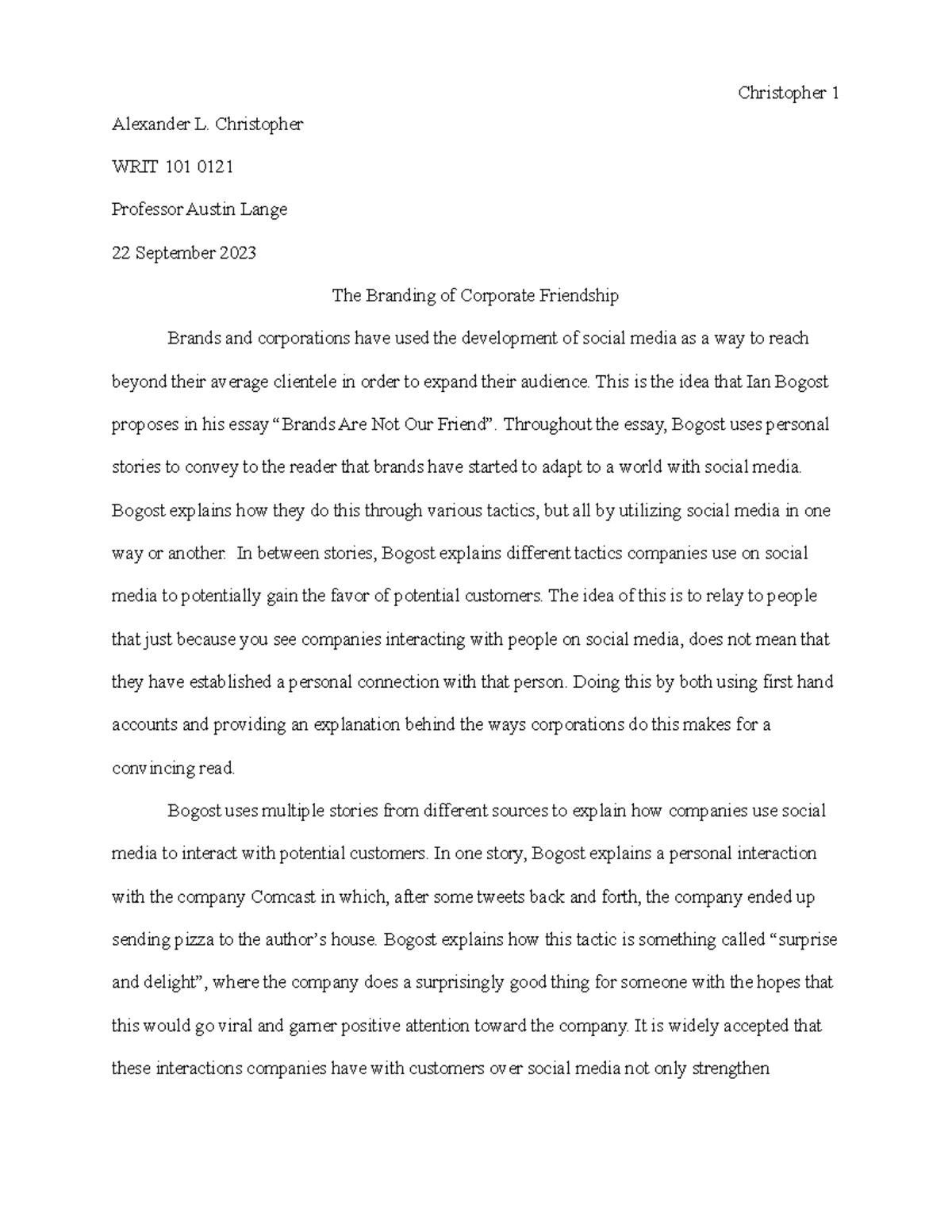 Evaluation Essay - Alexander L. Christopher WRIT 101 0121 Professor ...