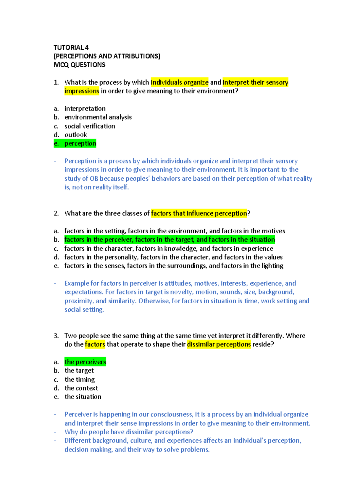 Organizational Behaviour Tutorial 4 - TUTORIAL 4 (PERCEPTIONS AND ATTRIBUTIONS) MCQ QUESTIONS ...
