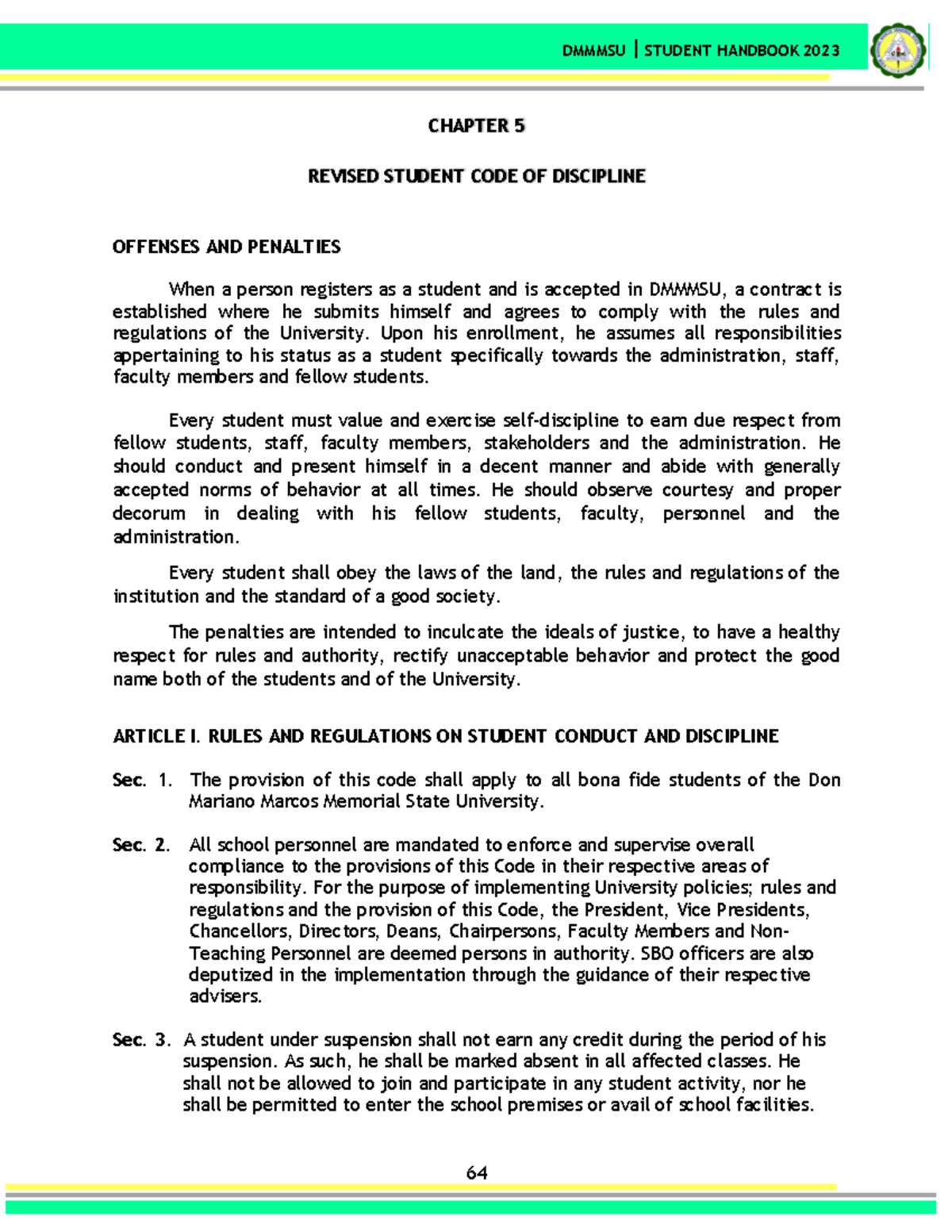 Student Code of Discipline - CHAPTER 5 REVISED STUDENT CODE OF ...