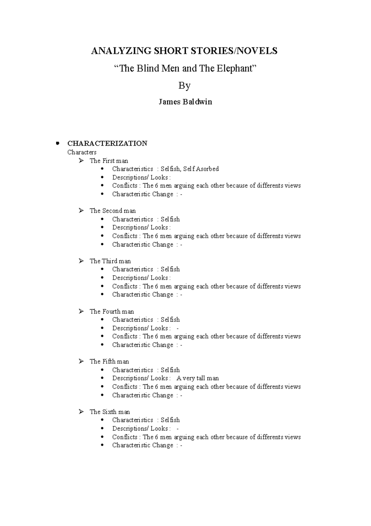 ANALYZING SHORT STORIES/NOVELS “The Blind Men and The Elephant” By ...