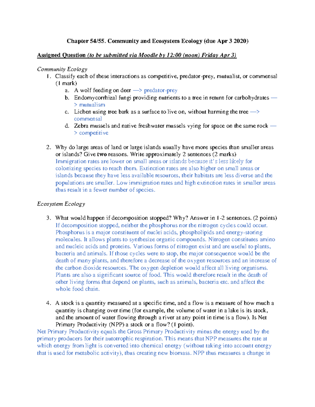 Assignment 10 - Chapter 54/55. Community and Ecosystem Ecology (due Apr ...