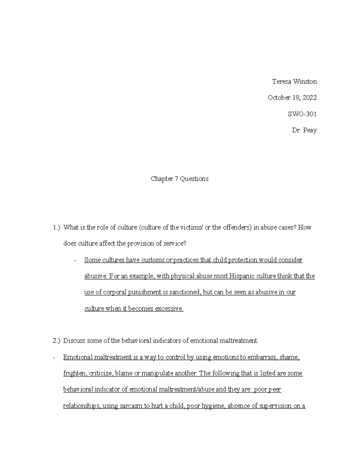 Chapter 7 Questions and Answers - Teresa Winston October 18, 2022 SWO ...