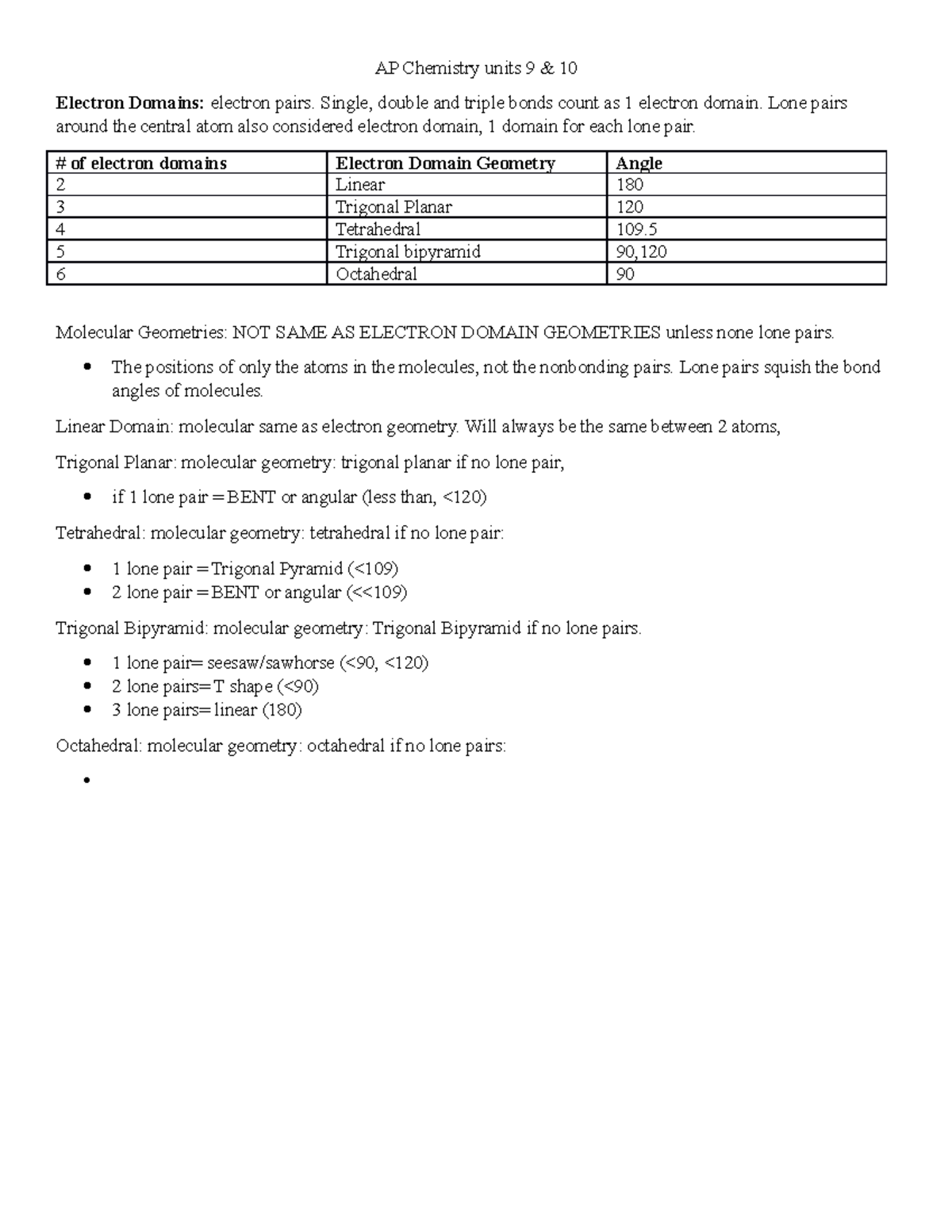 AP chem review unit 9 & 10 - AP Chemistry units 9 & 10 Electron Domains ...