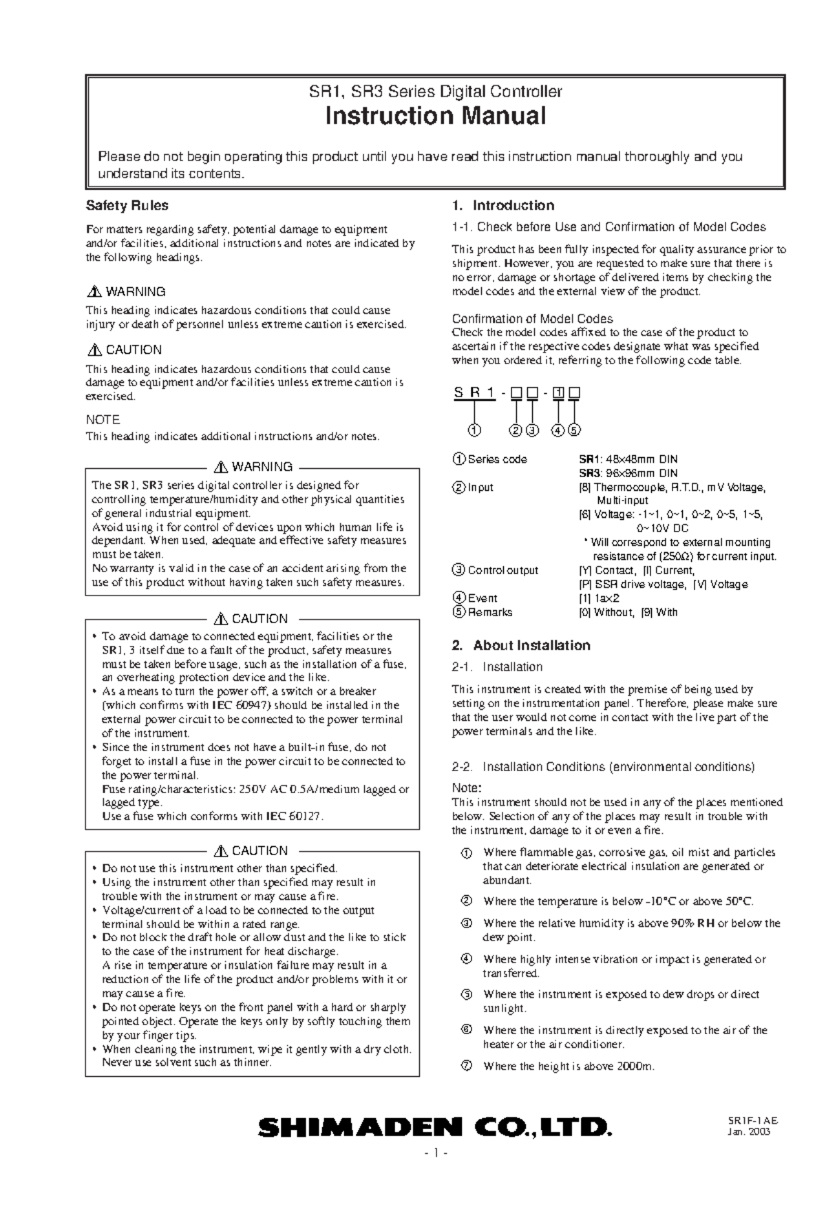 22- Control de temperatura Shimaden SR1 - SR1, SR3 Series Digital ...