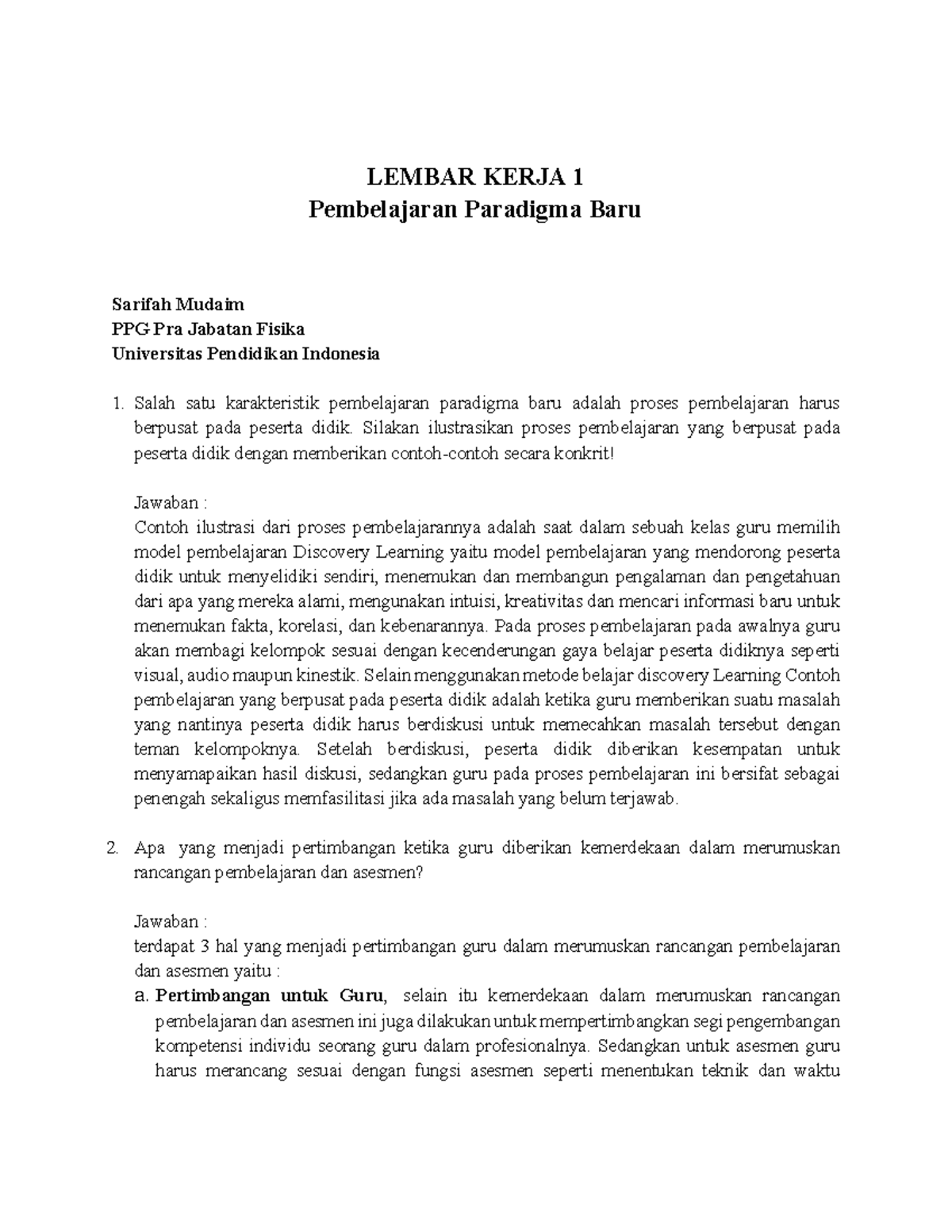 Sarifah Eksplorasi Konsep Topik 1 - LEMBAR KERJA 1 Pembelajaran Paradigma Baru Sarifah Mudaim ...