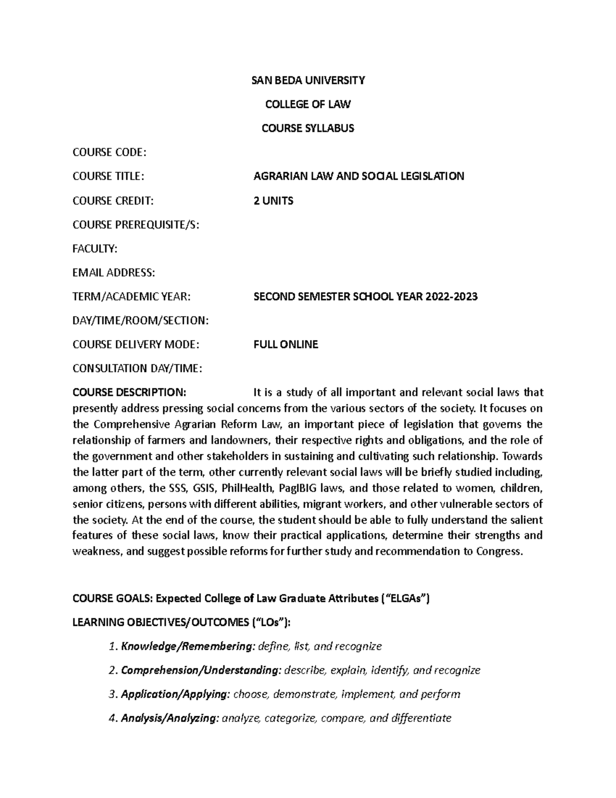 Agra Syllabus - onotes - SAN BEDA UNIVERSITY COLLEGE OF LAW COURSE ...