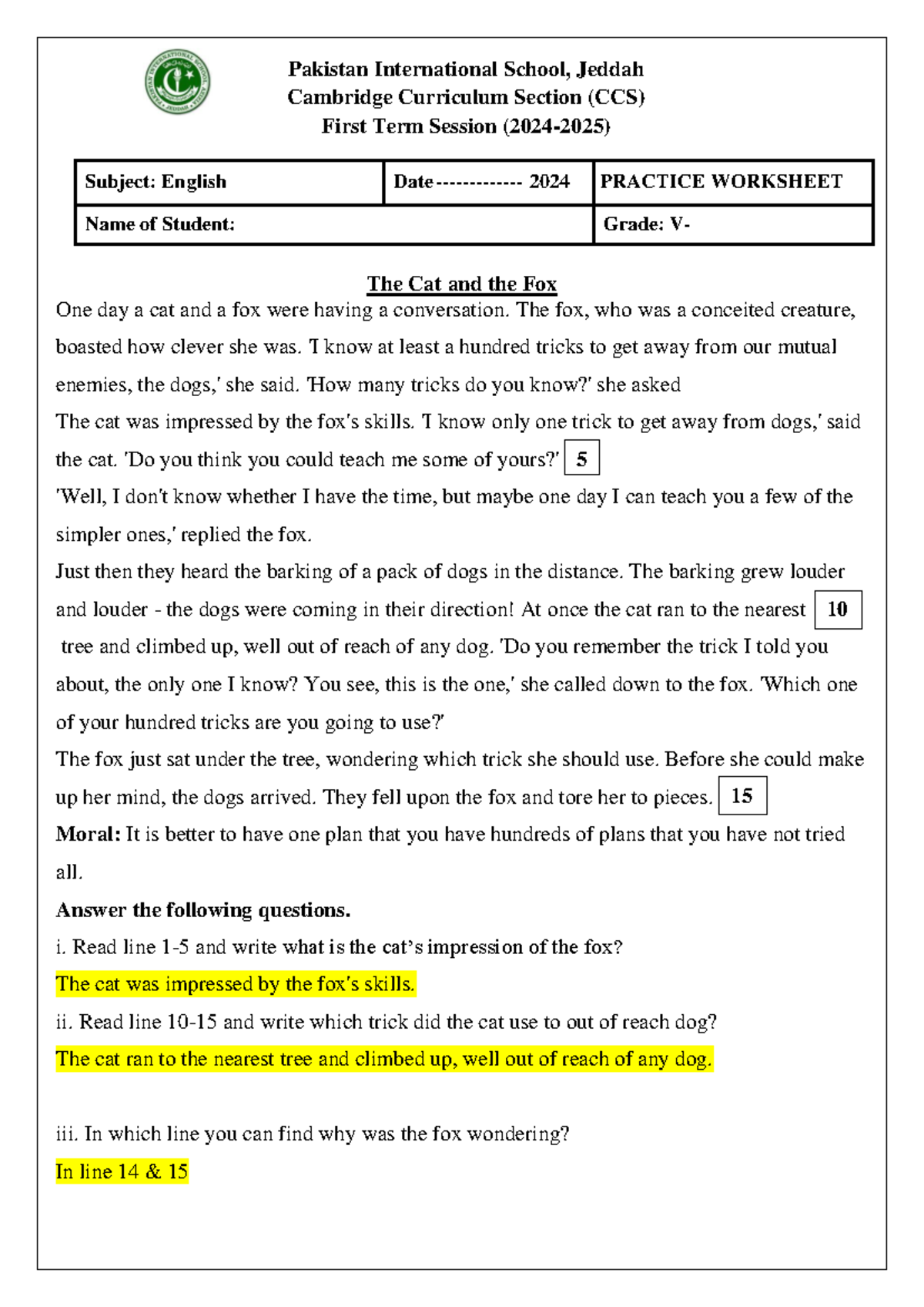 Answer key of Comprehension worksheet 2 - Pakistan International School ...
