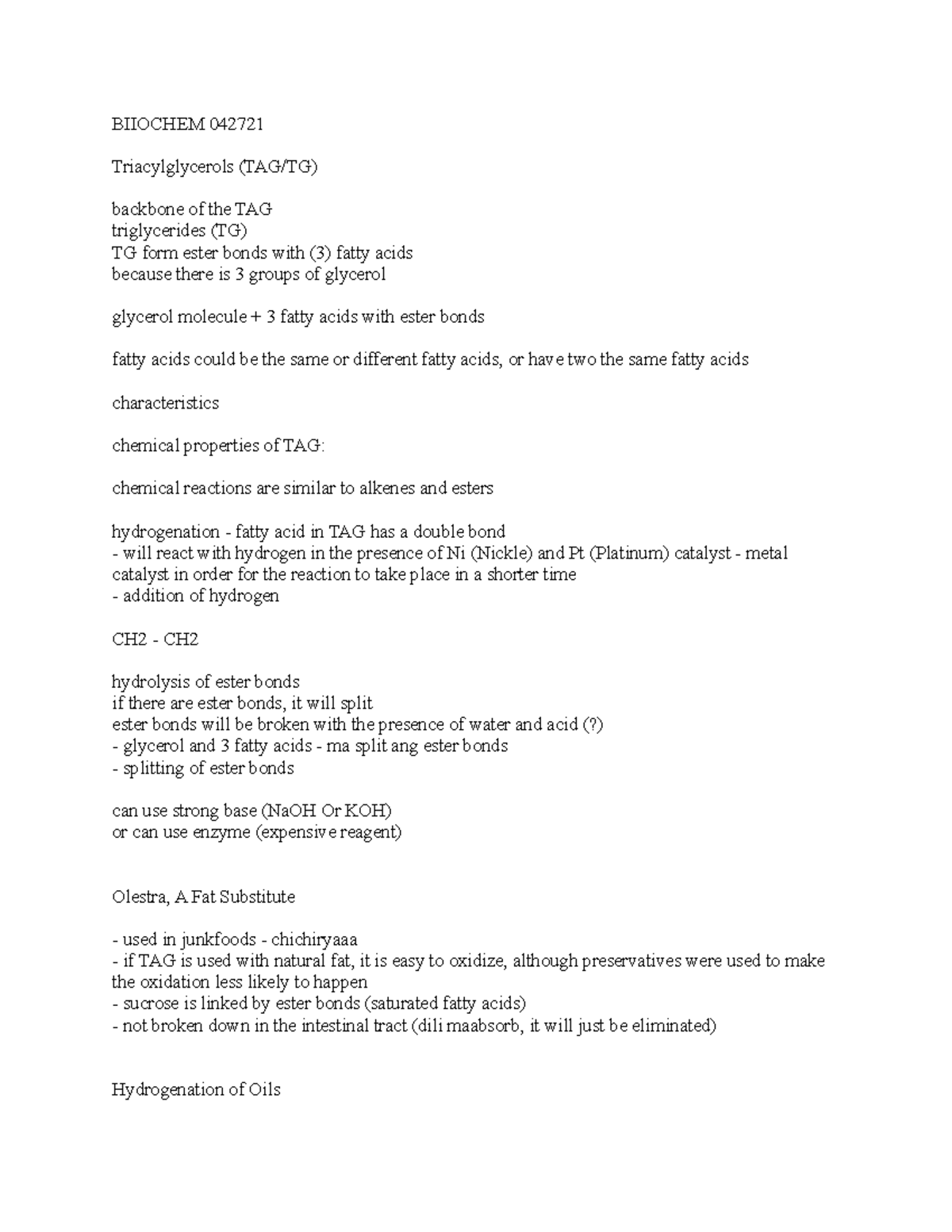 Biomolecules Notes - BIIOCHEM 042721 Triacylglycerols (TAG/TG) backbone ...