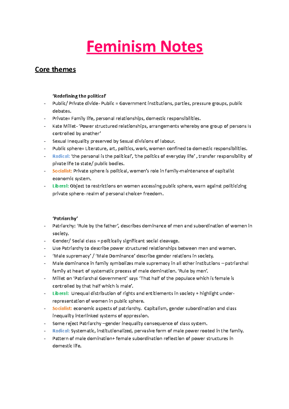Feminism Notes 2022 - Feminism Notes Core themes ‘Redefining the ...