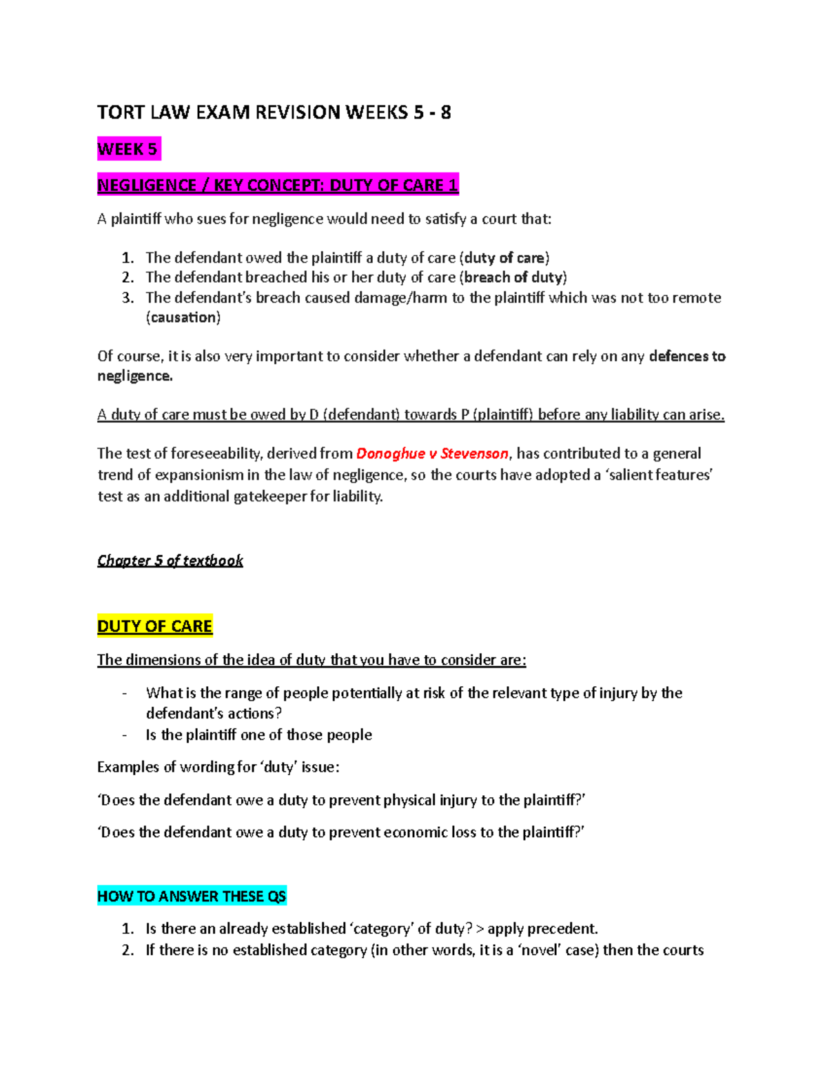 Tort Law EXAM Notes Weeks 5-8 - TORT LAW EXAM REVISION WEEKS 5 - 8 WEEK ...