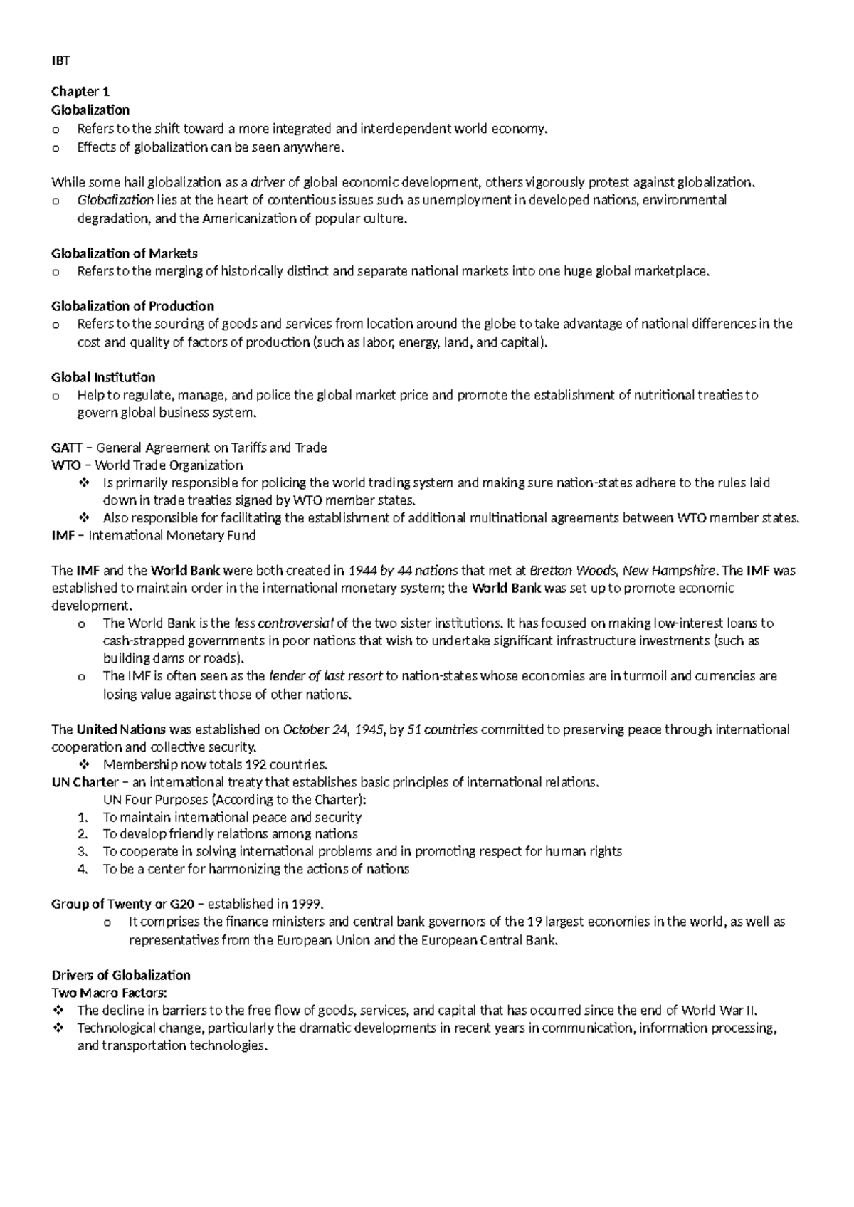IBT - Chapter 1 Reviewer - IBT Chapter 1 Globalization o Refers to the ...