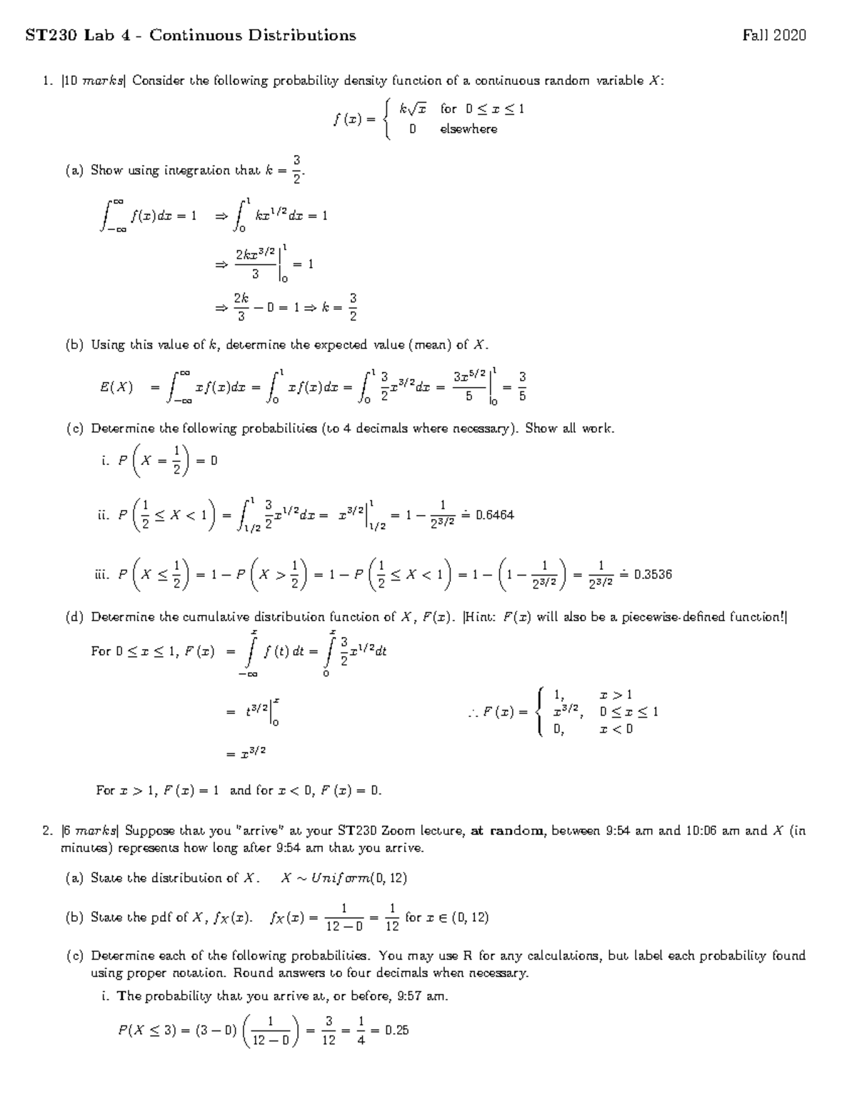230lab4solns F 20 - lab 4 solutions - ST230 Lab 4 - Continuous Distributions Fall 2020 [10marks ...