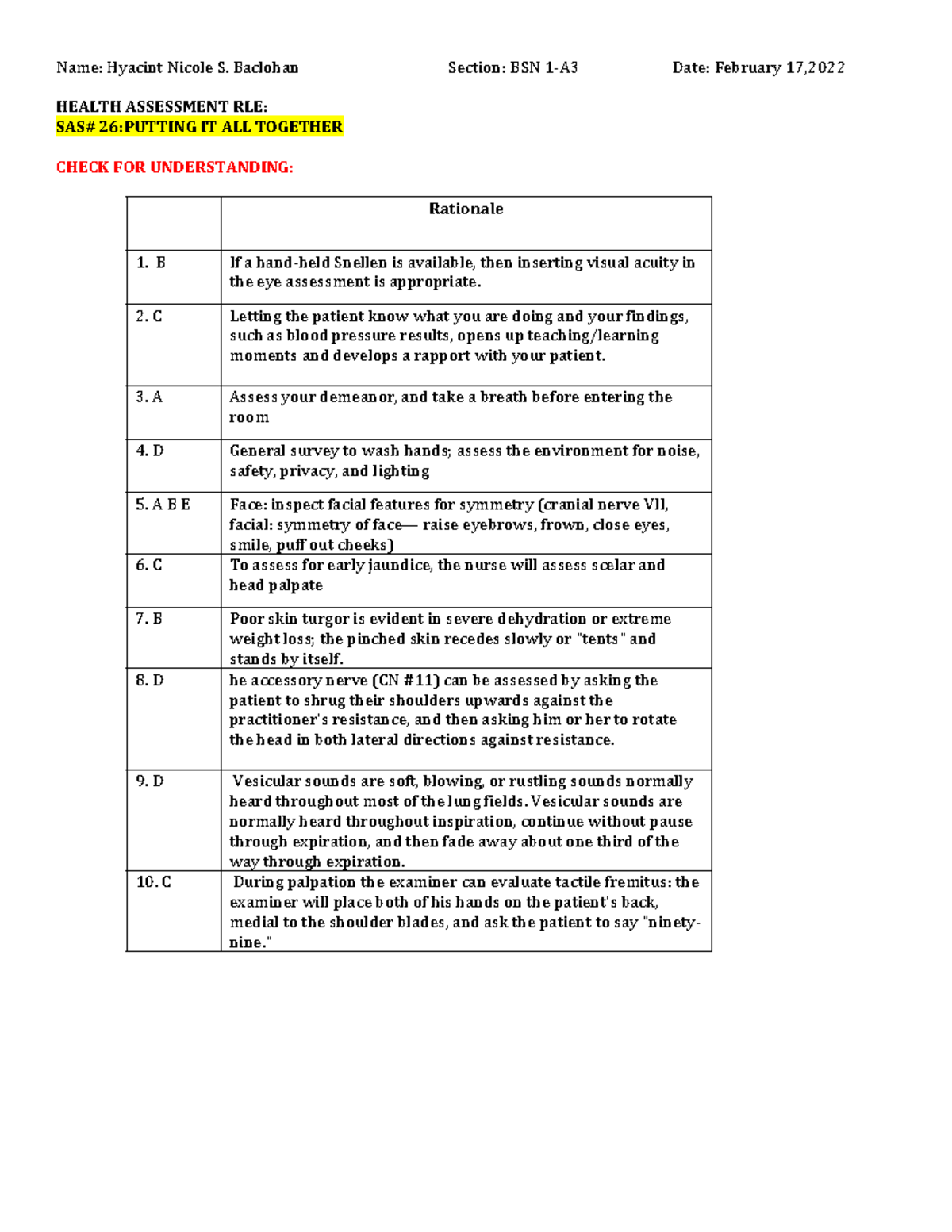 RLE SAS 26-30 - NUR 098 - HEALTH ASSESSMENT RLE: SAS# 26:PUTTING IT ALL ...