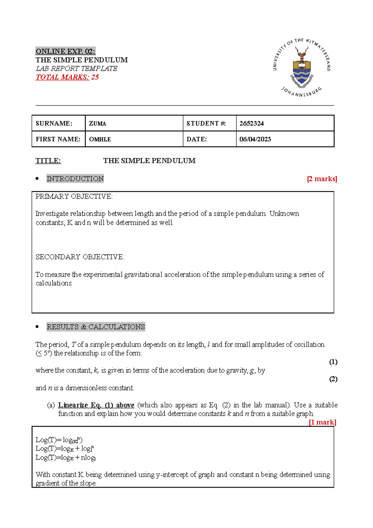 Online Exp02 - Simple Pendulum - Lab Report- 2652324 - ONLINE EXP. 02 ...