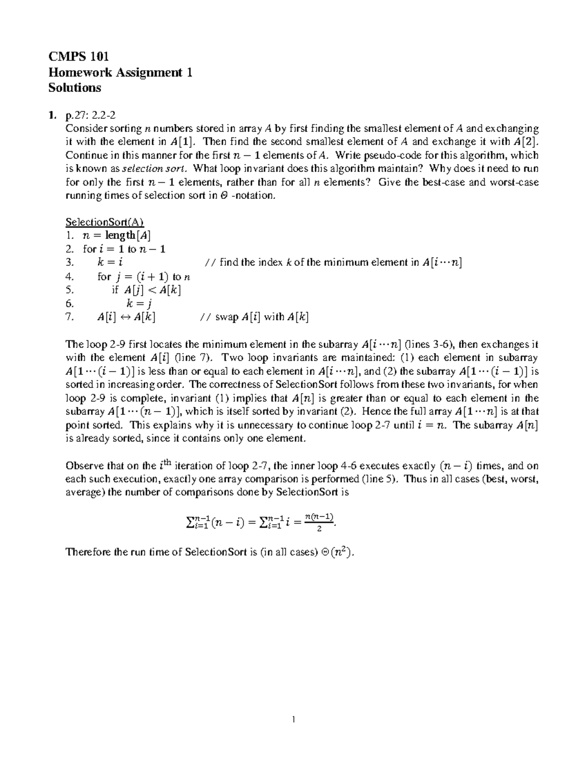 Hw1solns Summer 2019 Cmps 101 Homework Assignment 1 Solutions 1 P Consider Sorting N 