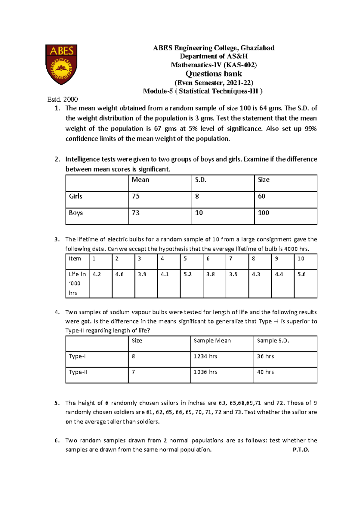 Question Bank Maths-IV Module-5 - ABES Engineering College, Ghaziabad Department of AS&H - Studocu
