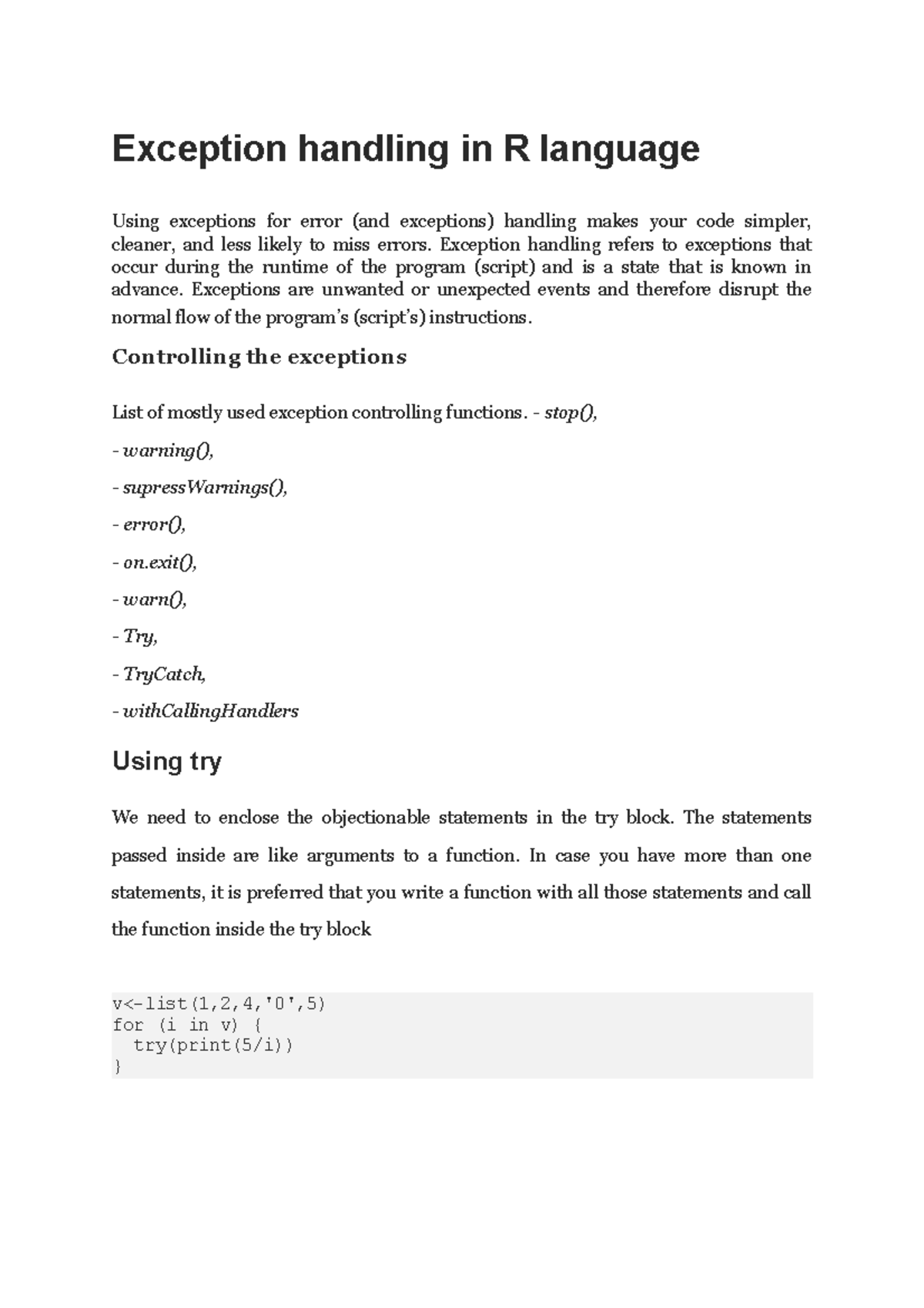 R exceptions - Notes realted to exception handling - Exception handling ...