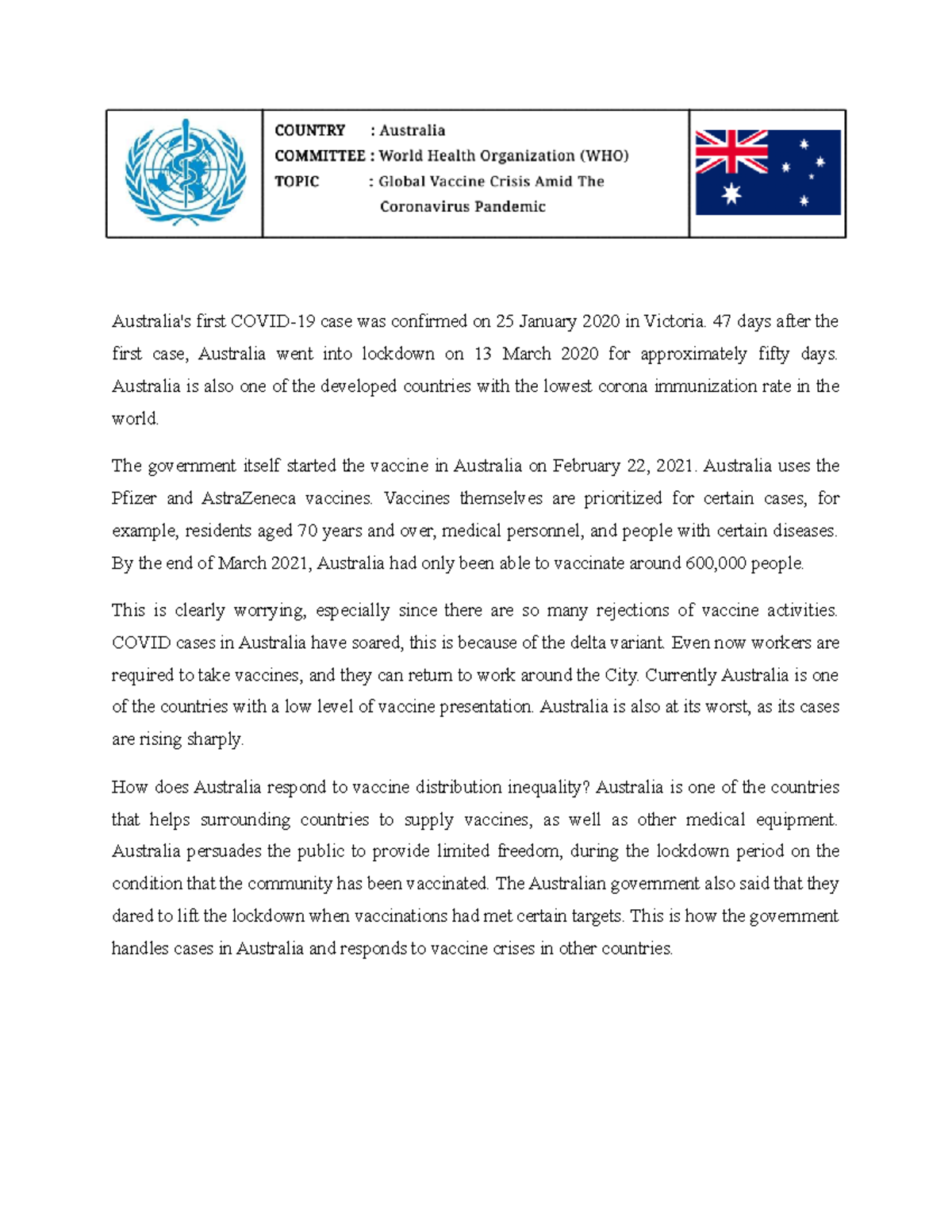 WHO Commonwealth of Australia (Position Paper) - Australia's first ...