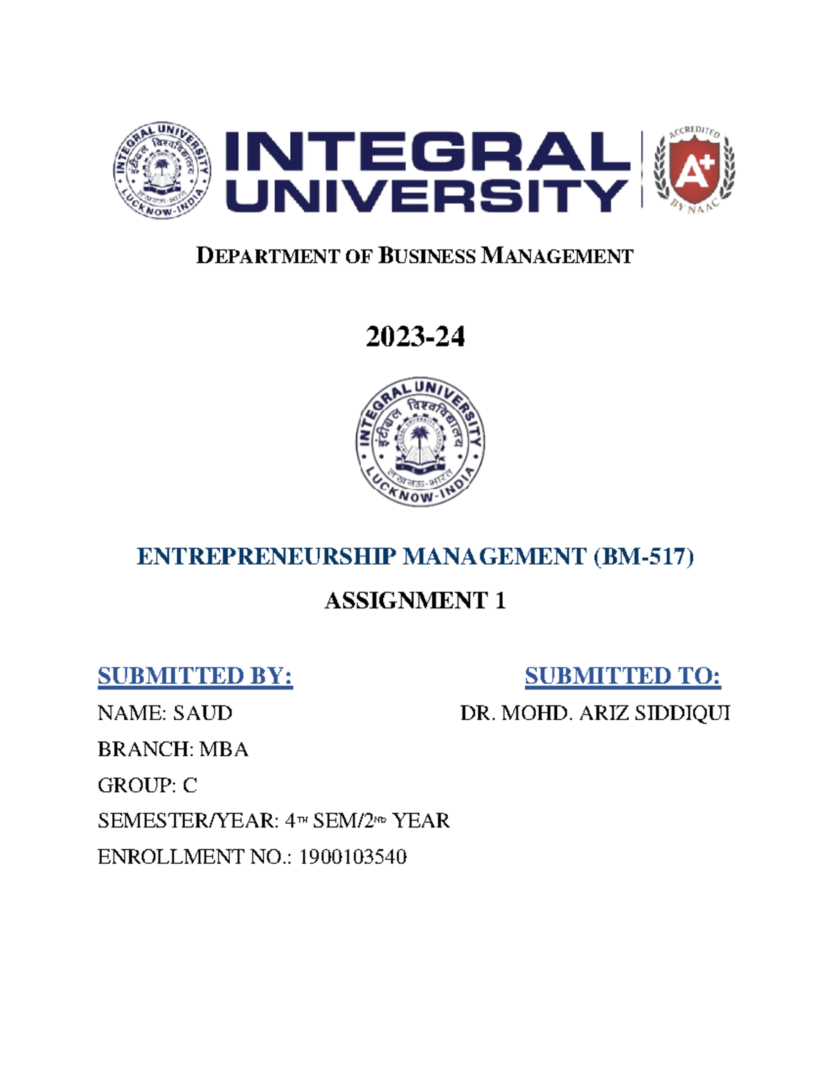 Saud 1 - Assignment - DEPARTMENT OF BUSINESS MANAGEMENT 2023 - 24 ...