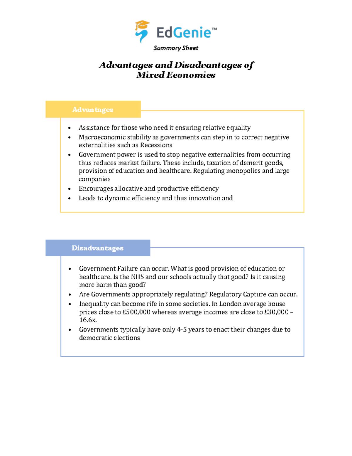 Advantag e s and Disadvantag e s of Mix e d Economi e s - Summary Sheet ...