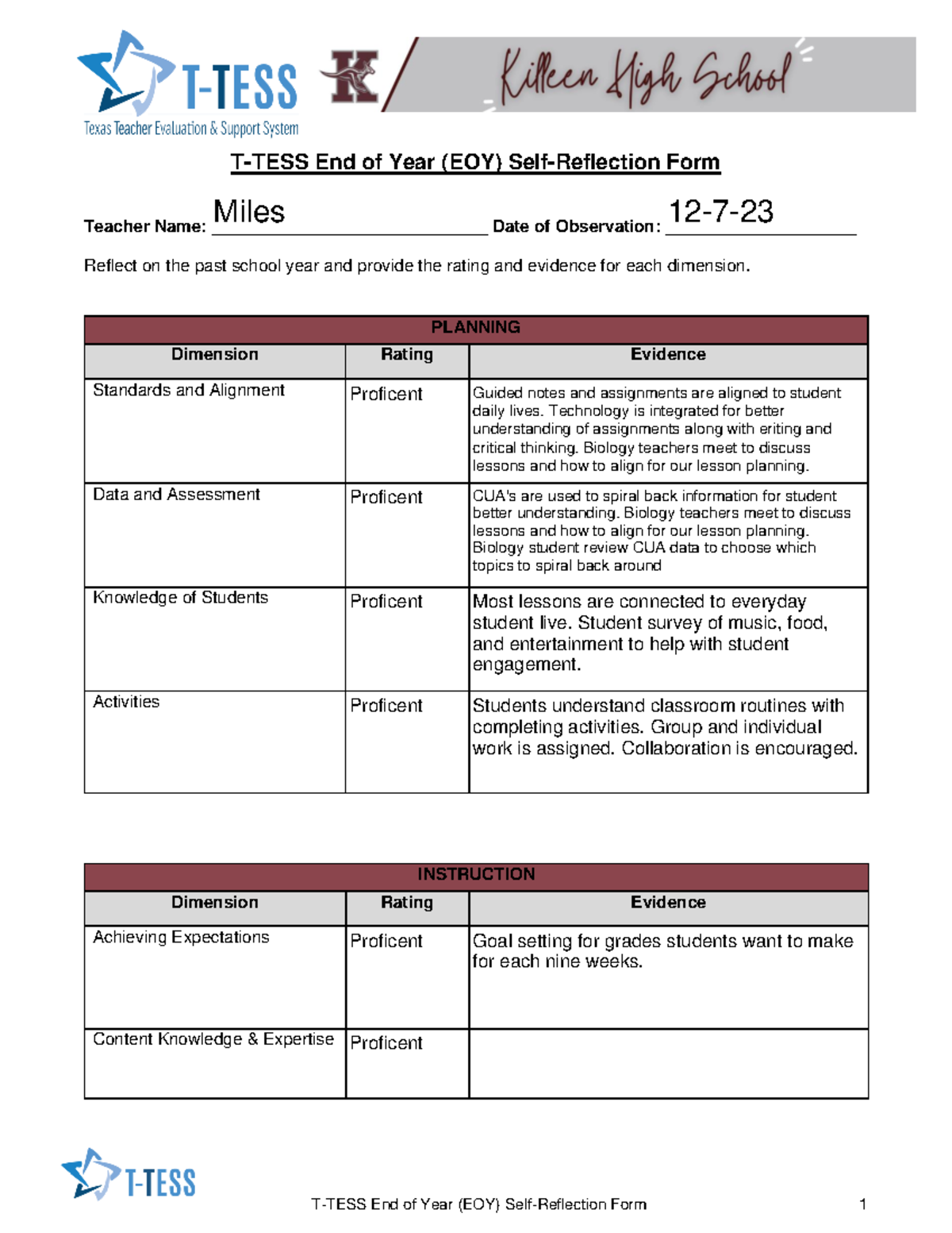 End of Year (EOY) Self-Reflection - Miles - T-TESS End of Year (EOY ...