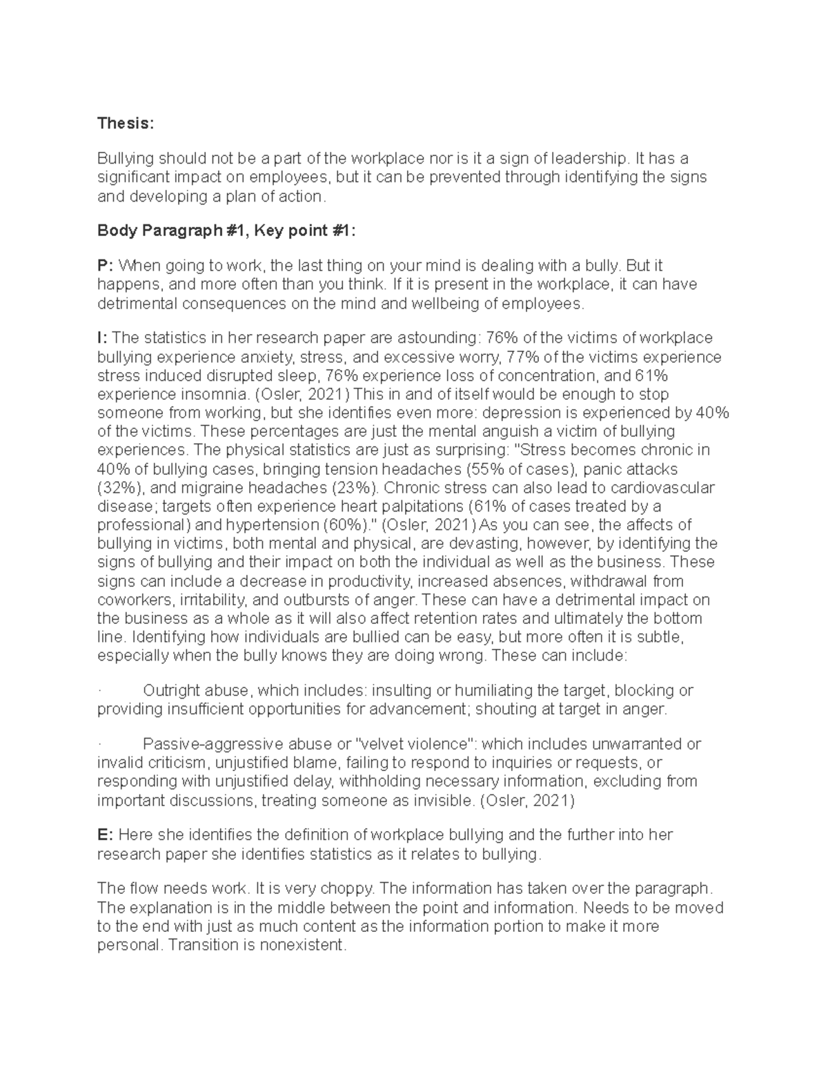 Reverse Outline Eng 122 - Thesis: Bullying should not be a part of the ...