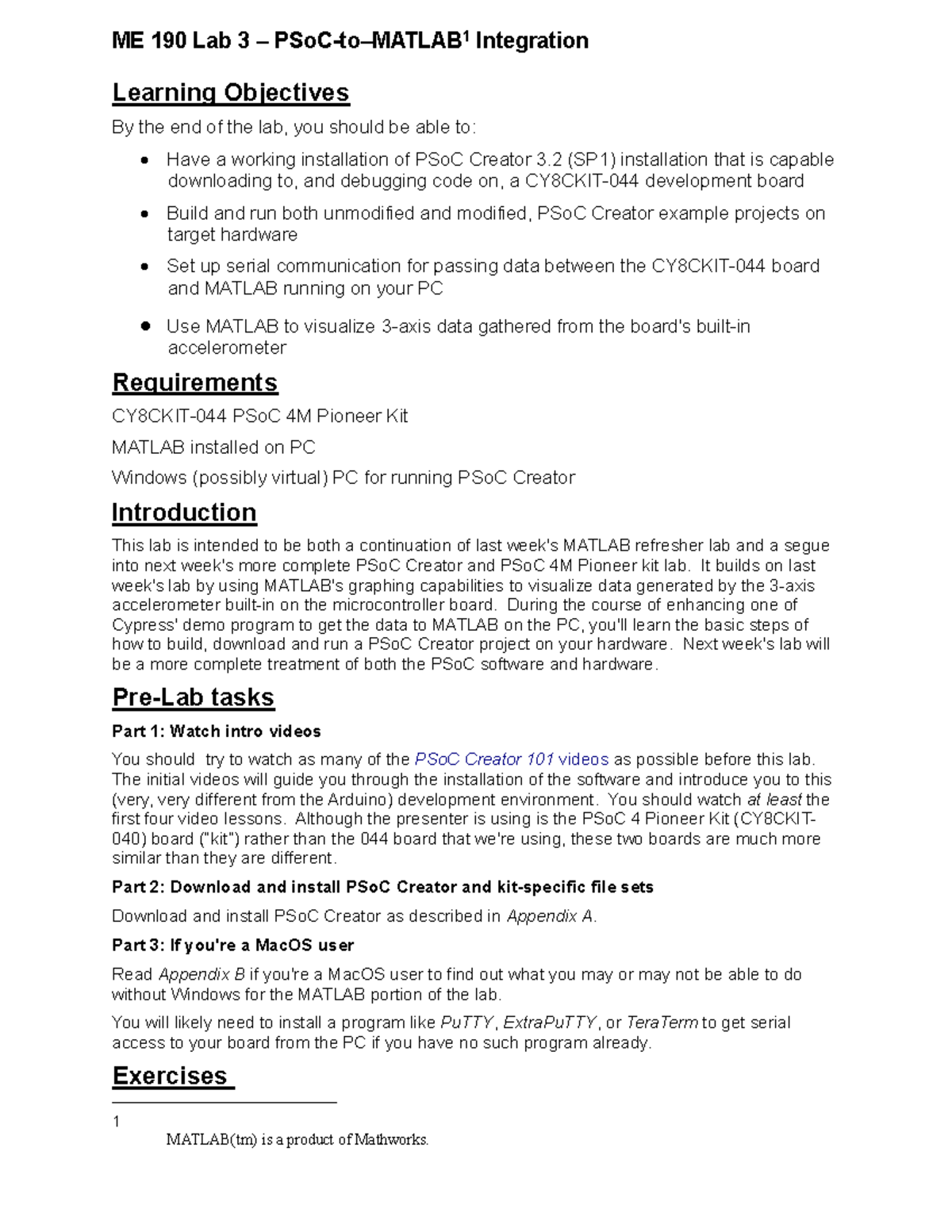 ME 190 Lab 3 - Course work - ME 190 Lab 3 – PSoC-to–MATLAB 1 ...