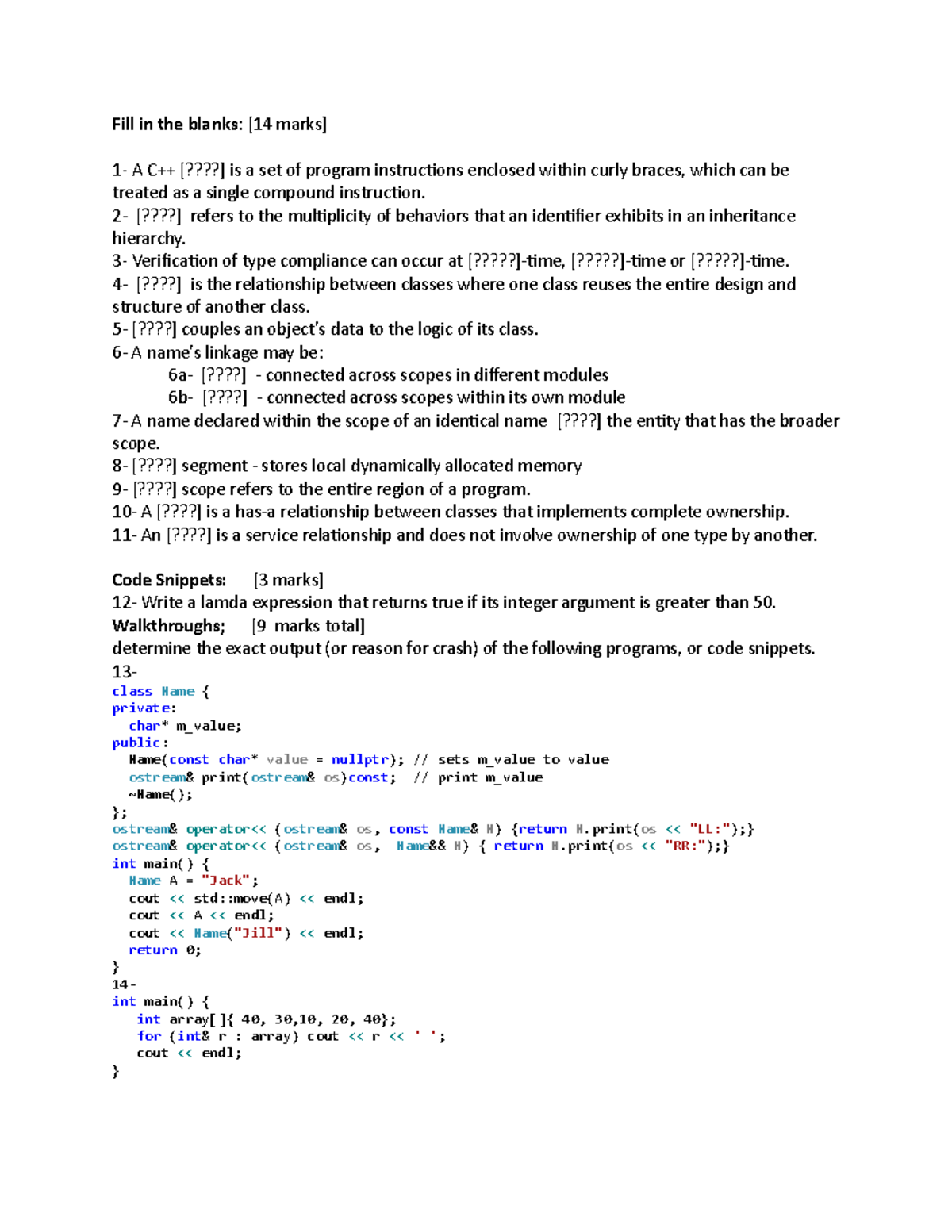 OOP345 Midterm Exam - Fill in the blanks: [14 marks] 1- A C++ [????] is a set of program - Studocu