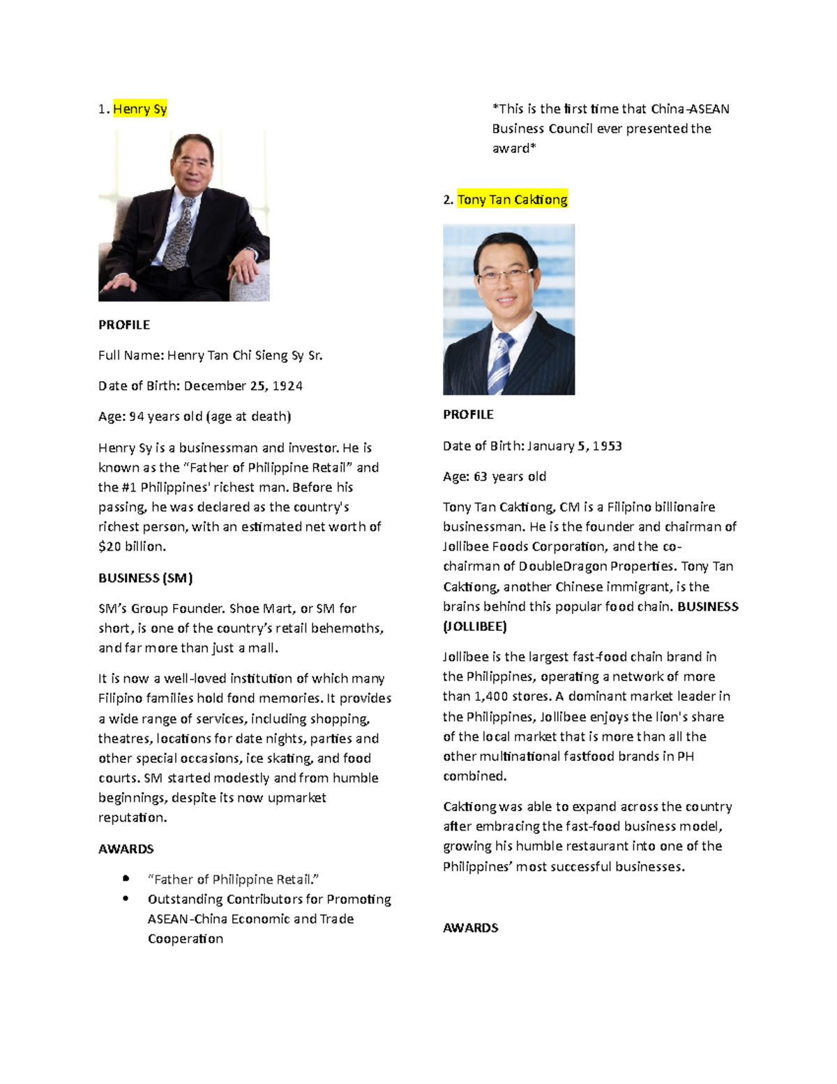 Successful Filipino Entrepreneurs Henry Sy PROFILE Full Name Henry