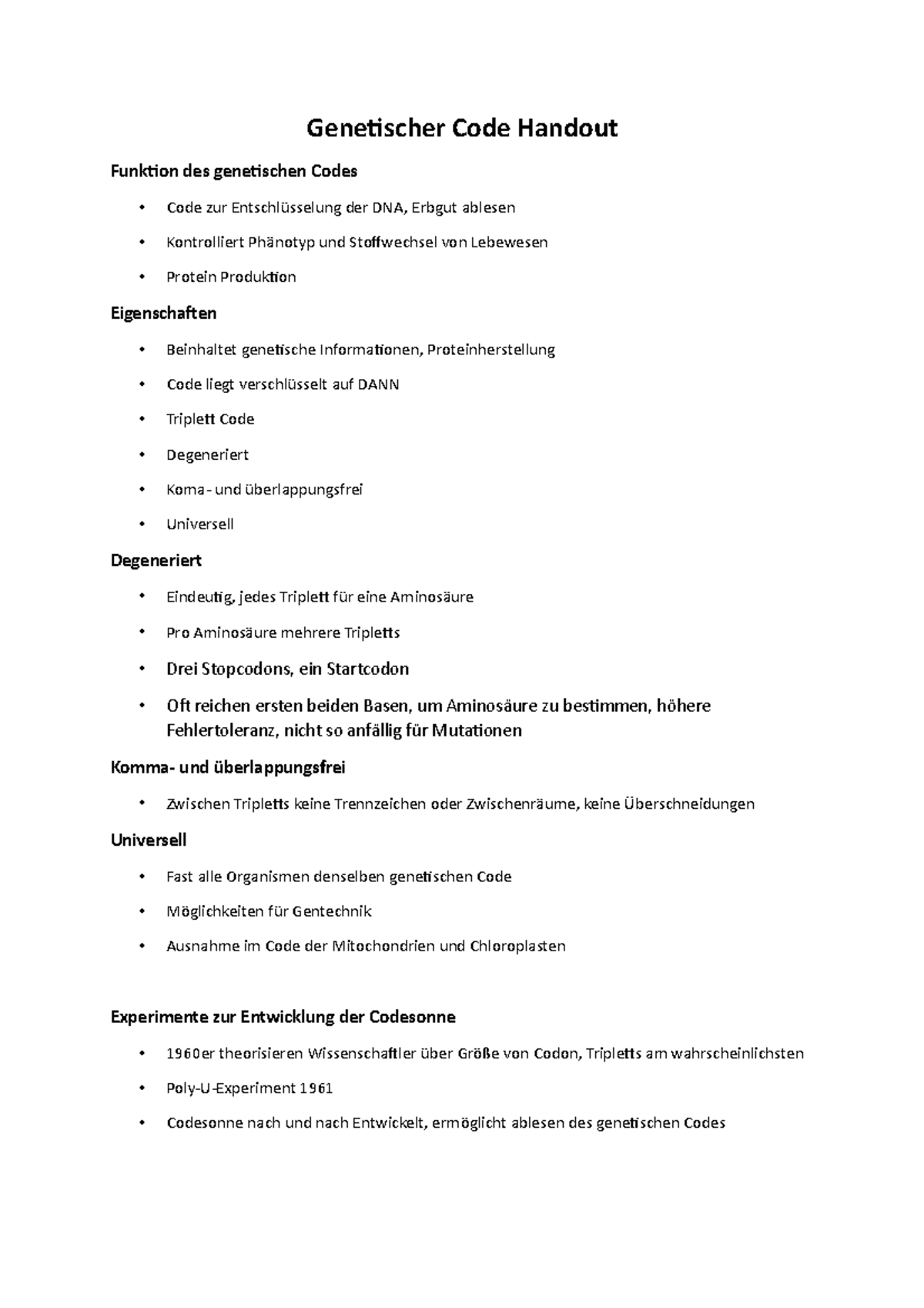 Genetischer Code Handout - Genetischer Code Handout Funktion des genetischen Codes • Code zur ...