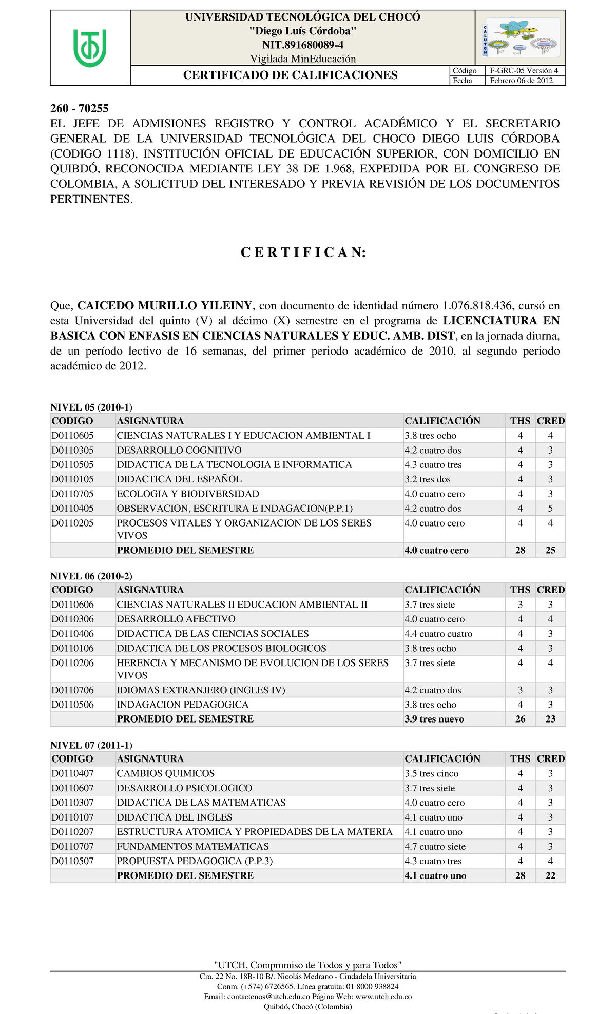 Certificado de Notas Yileiny Caicedo Murillo - UNIVERSIDAD TECNOLÓGICA ...