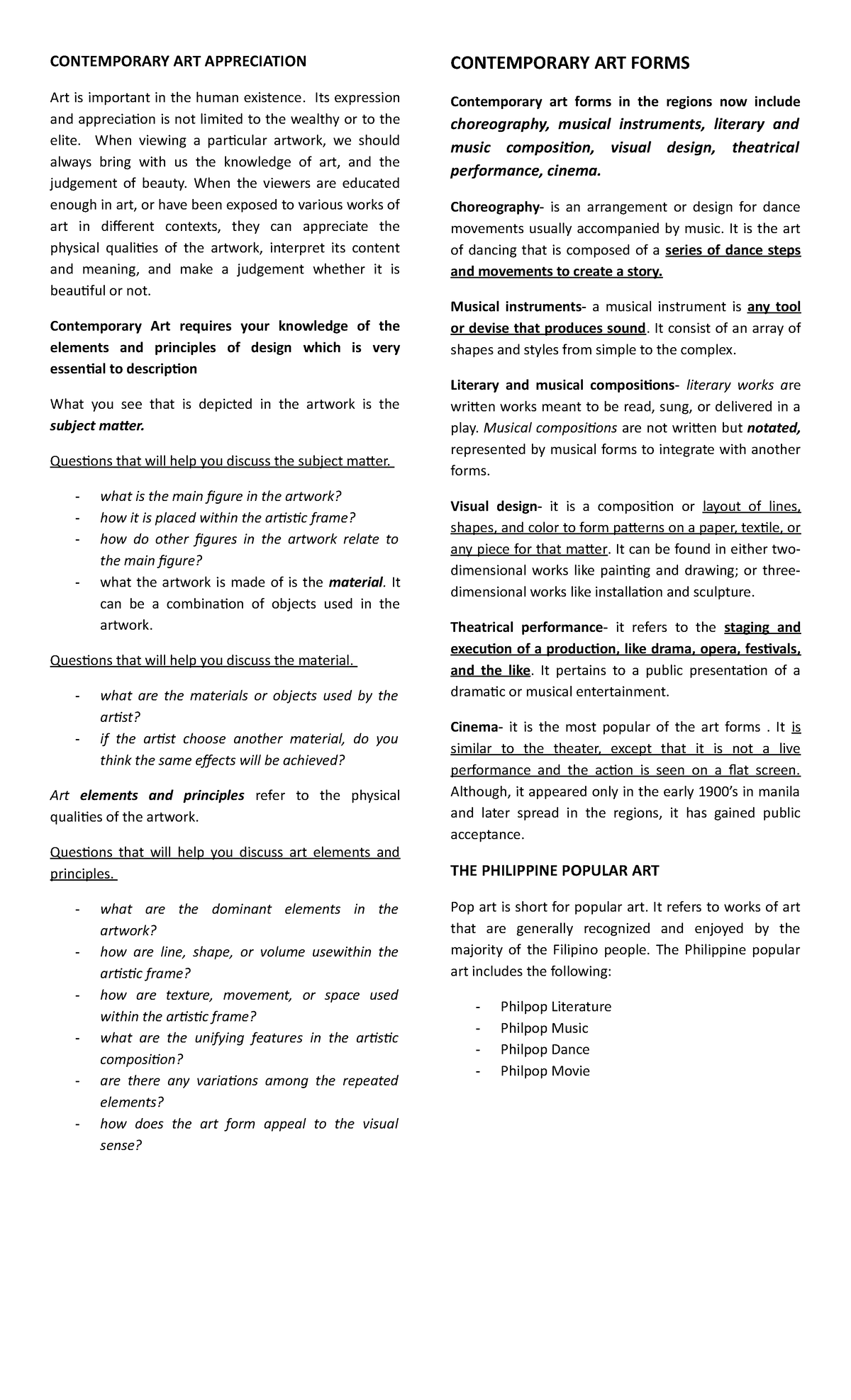 ART Class Notes Final - fdfs - CONTEMPORARY ART APPRECIATION Art is ...