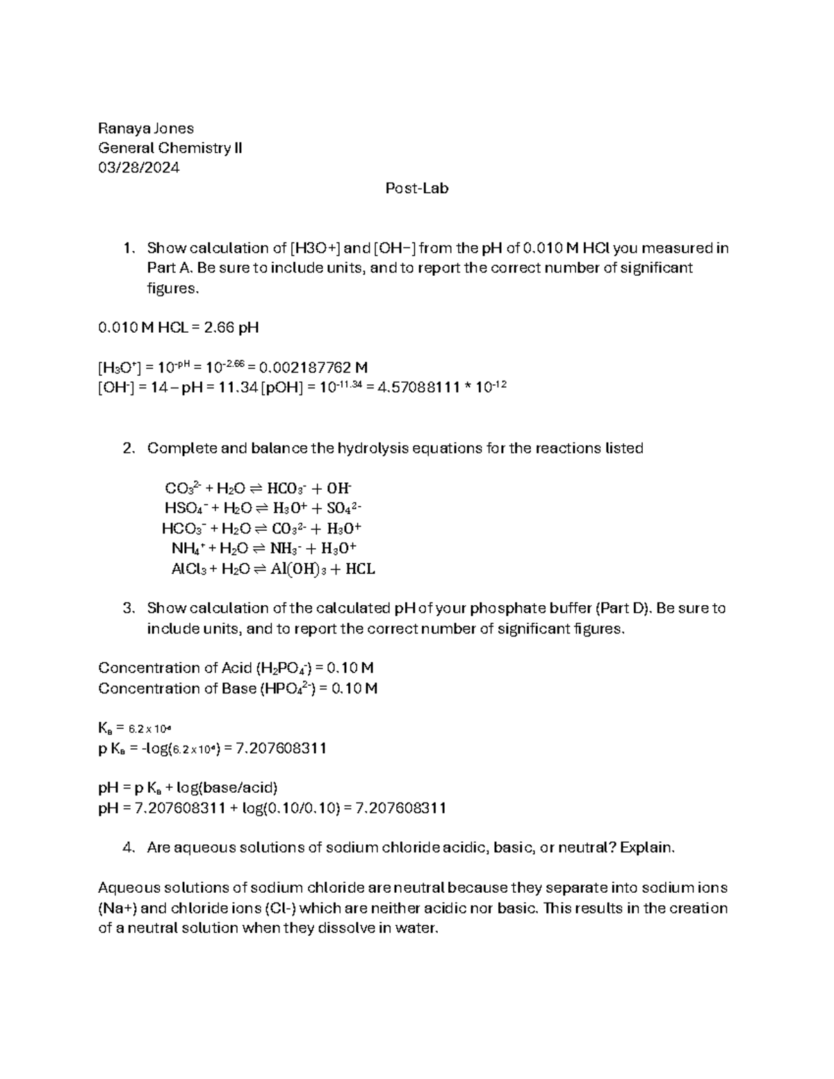 Gen Chem II Post Lab 6 - Post Lab questions for Lab 6 - Ranaya Jones General Chemistry II 03/28 ...