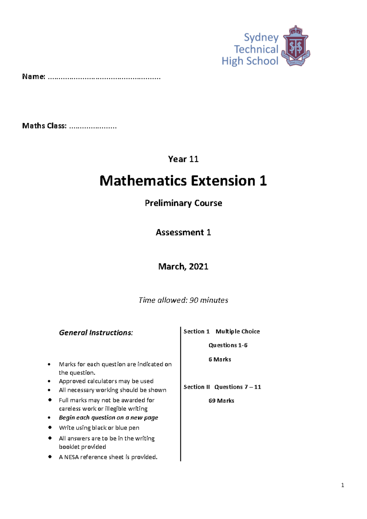 YR11 MATHS EX1 2021 - Name: .................................................... Maths Class ...