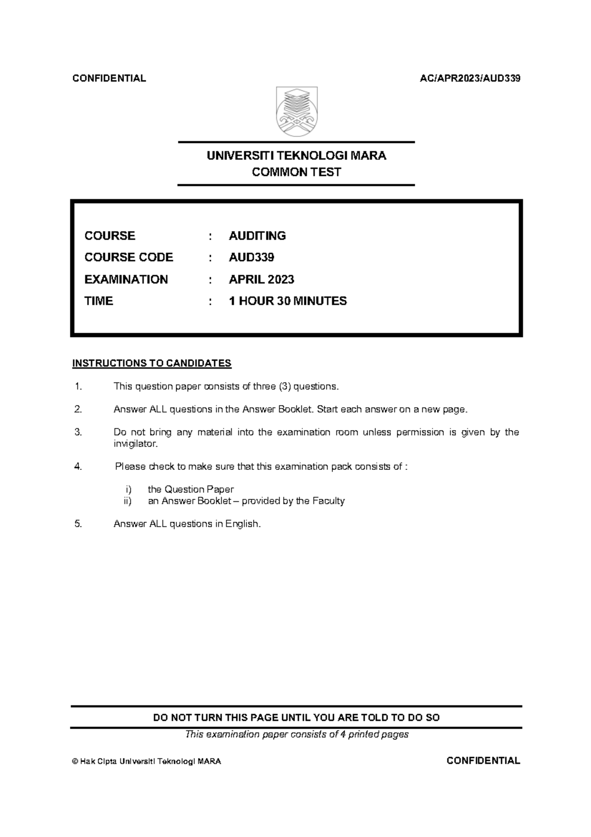 CT AUD339 April 2023 Q - common test questions - CONFIDENTIAL AC/APR ...