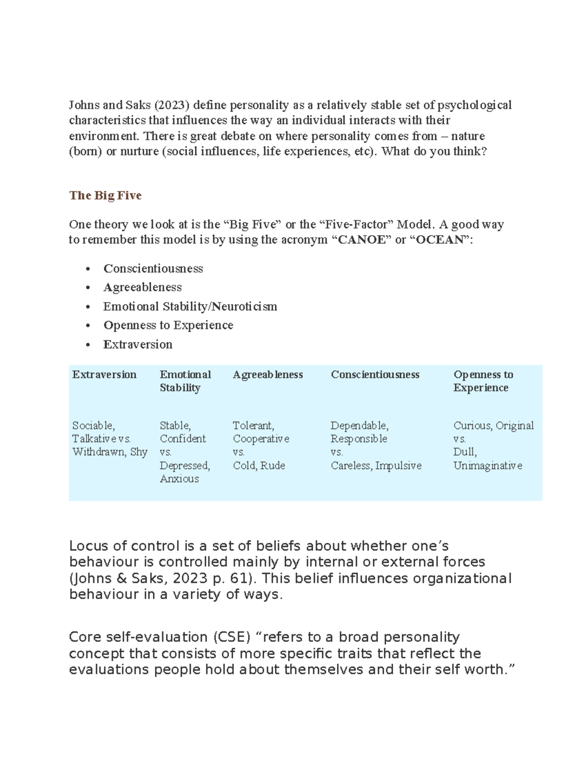 Johns and Saks - NOTES ON CMHR 405 - Johns and Saks (2023) define ...