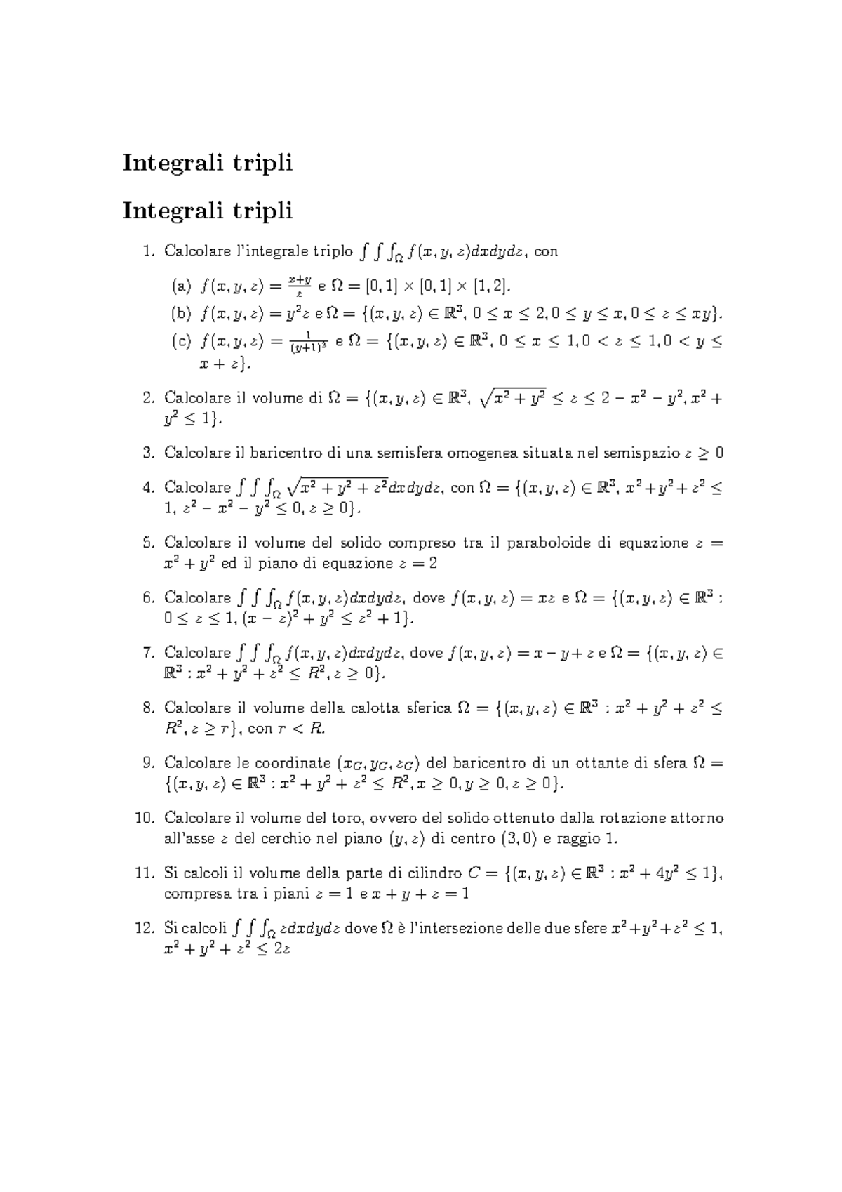 Esercizi sugli integrali tripli a.a. 2015/2016 - Integrali tripli ...