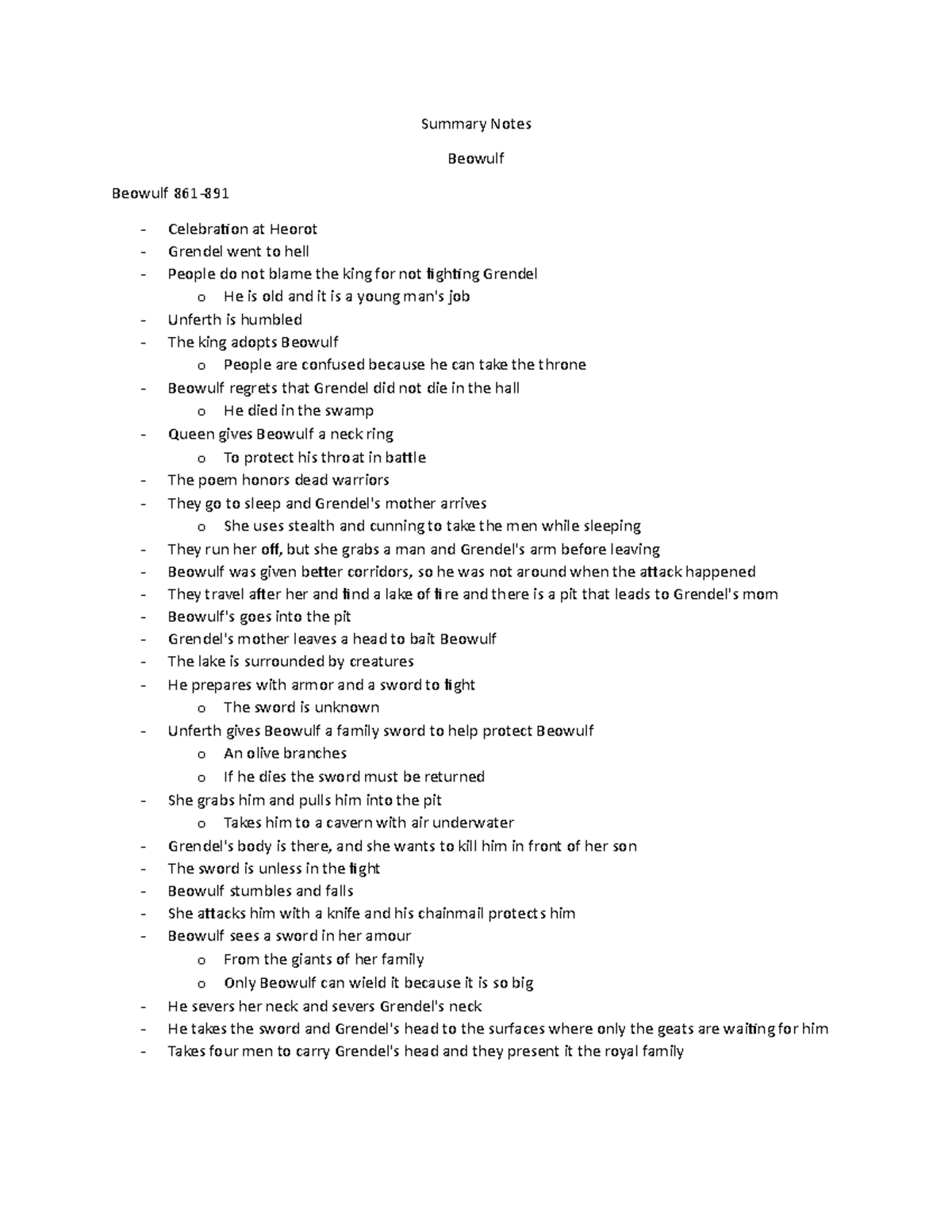 Beowulf 861-891 - Notes over the class readings - Summary Notes Beowulf ...