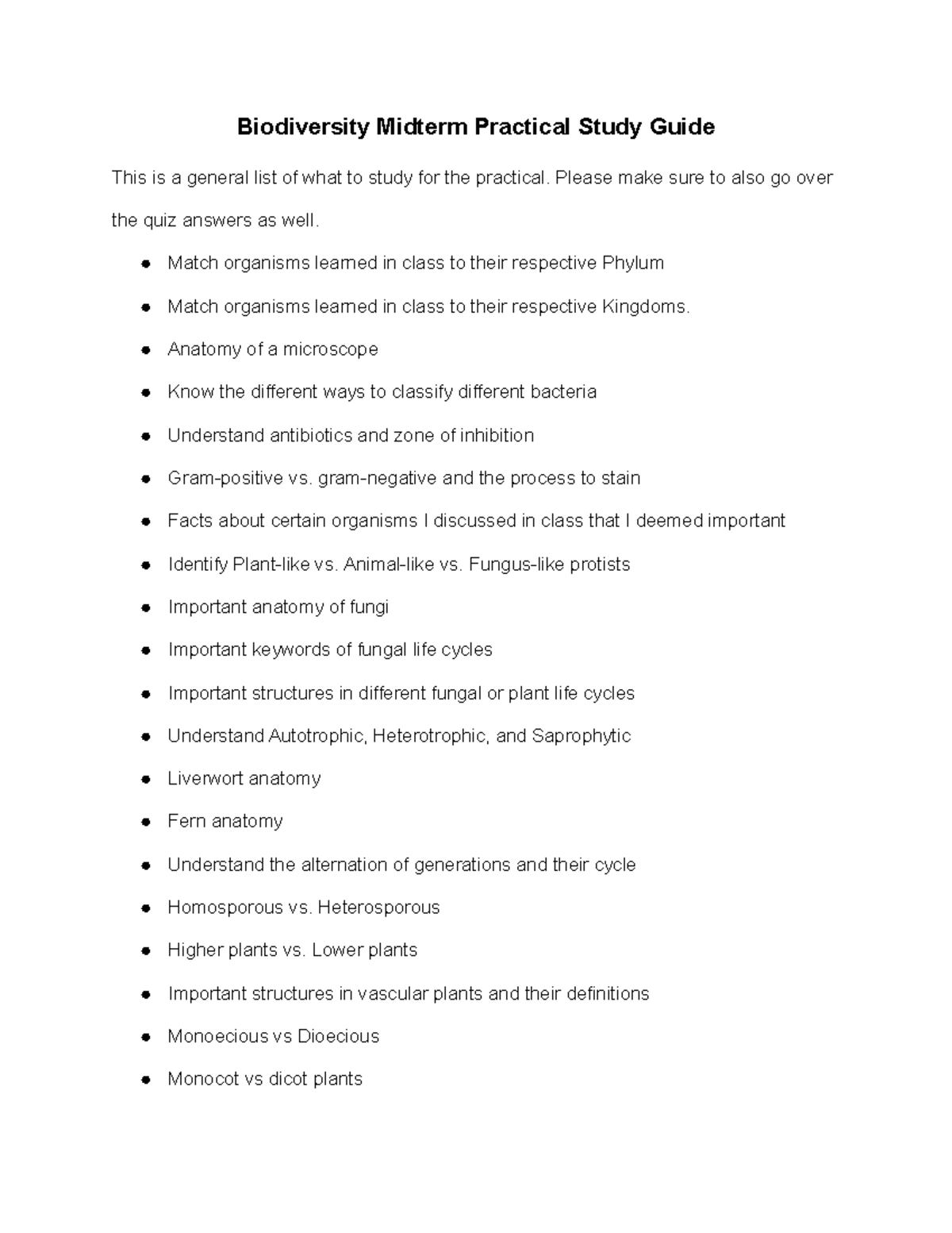 Biodiversity Midterm Practical Study Guide - Please make sure to also go over the quiz answers ...