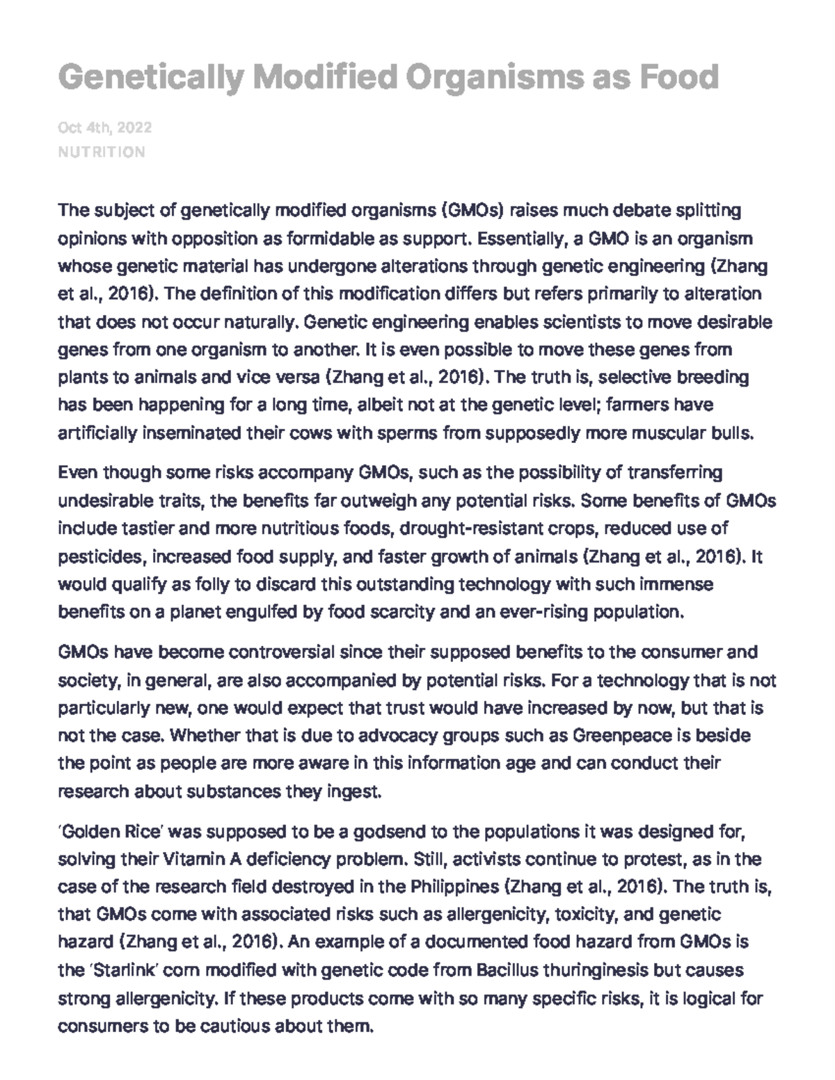 Genetically Modified Organisms as Food Essay Example - The subject of ...