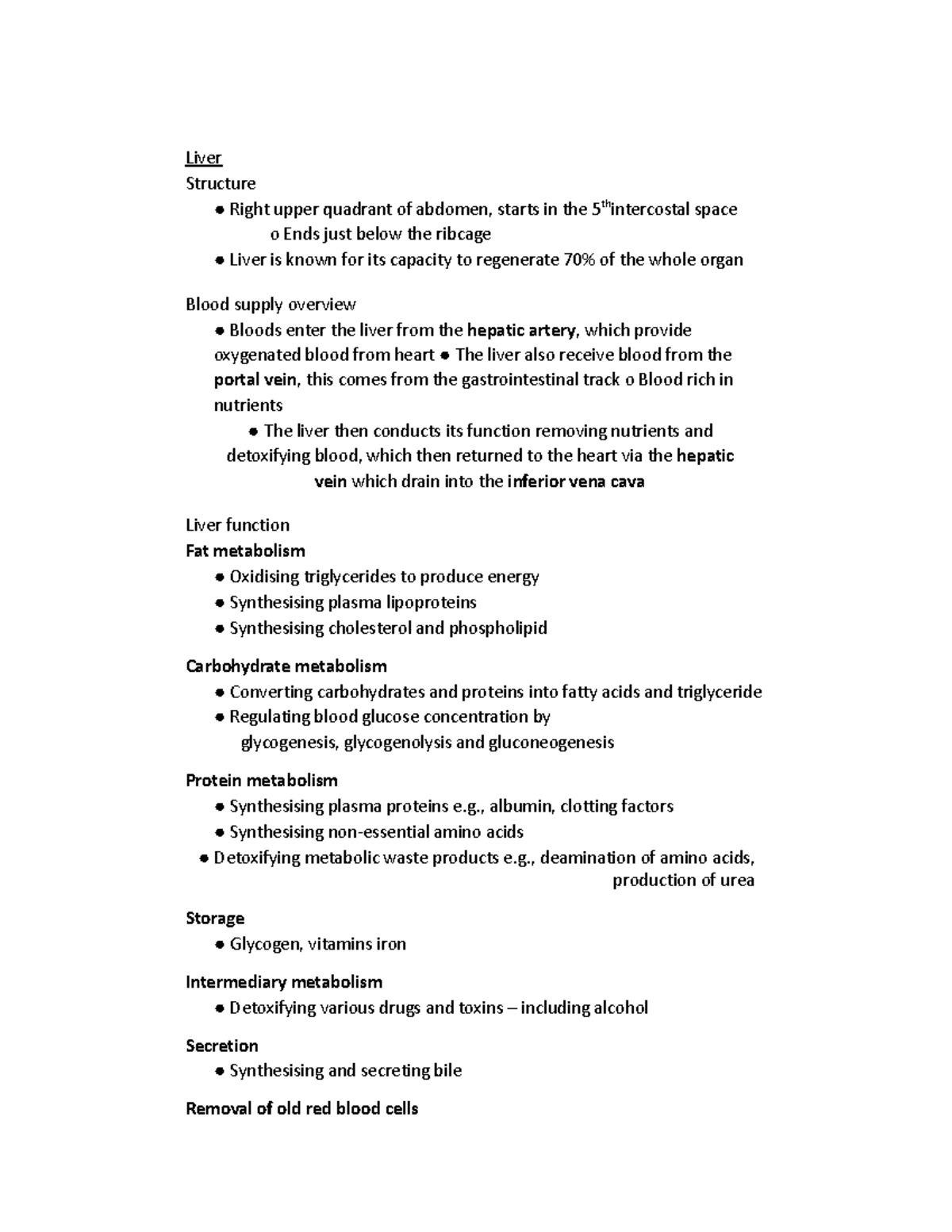 Liver - Lecture notes 1 - Liver Structure Right upper quadrant of ...