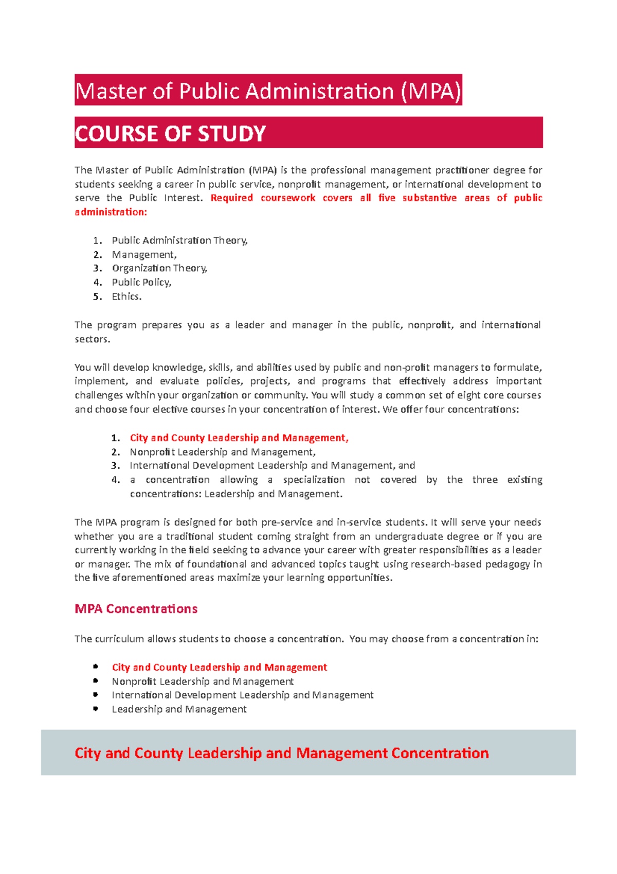Master of Public Administration - Required coursework covers all five ...