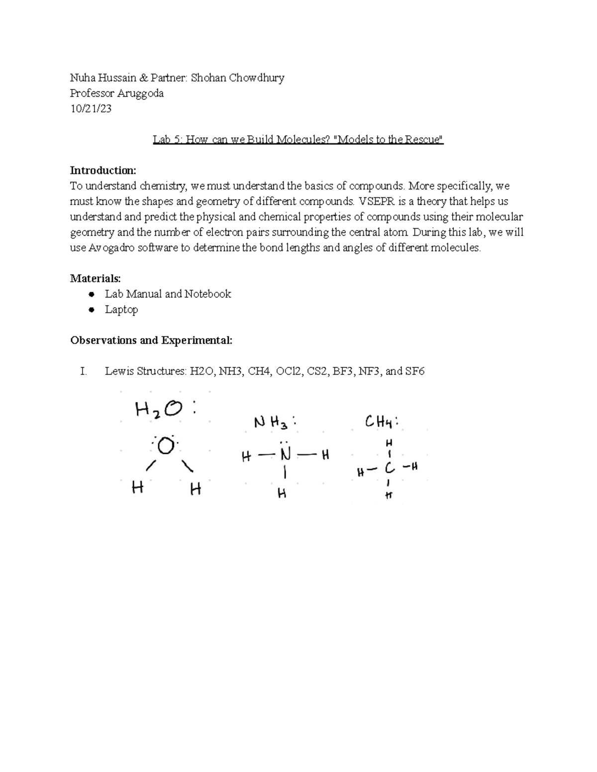 Chem lab 5 - lab 5 - Nuha Hussain & Partner: Shohan Chowdhury Professor ...