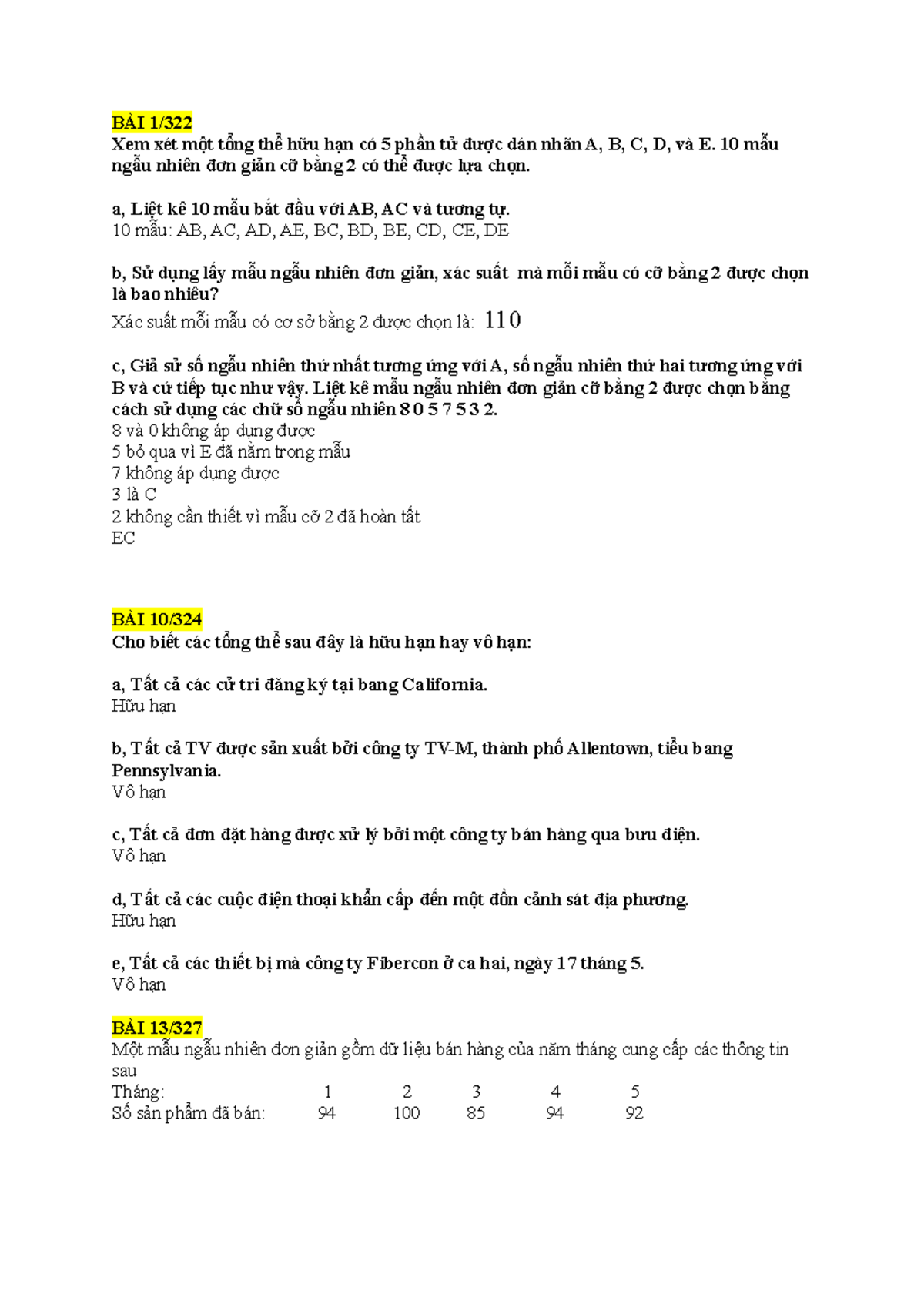 BT Thong ke Chuong 7 - BÀI 1/ Xem xét một tổng thể hữu hạn có 5 phần tử được dán nhãn A, B, C, D ...