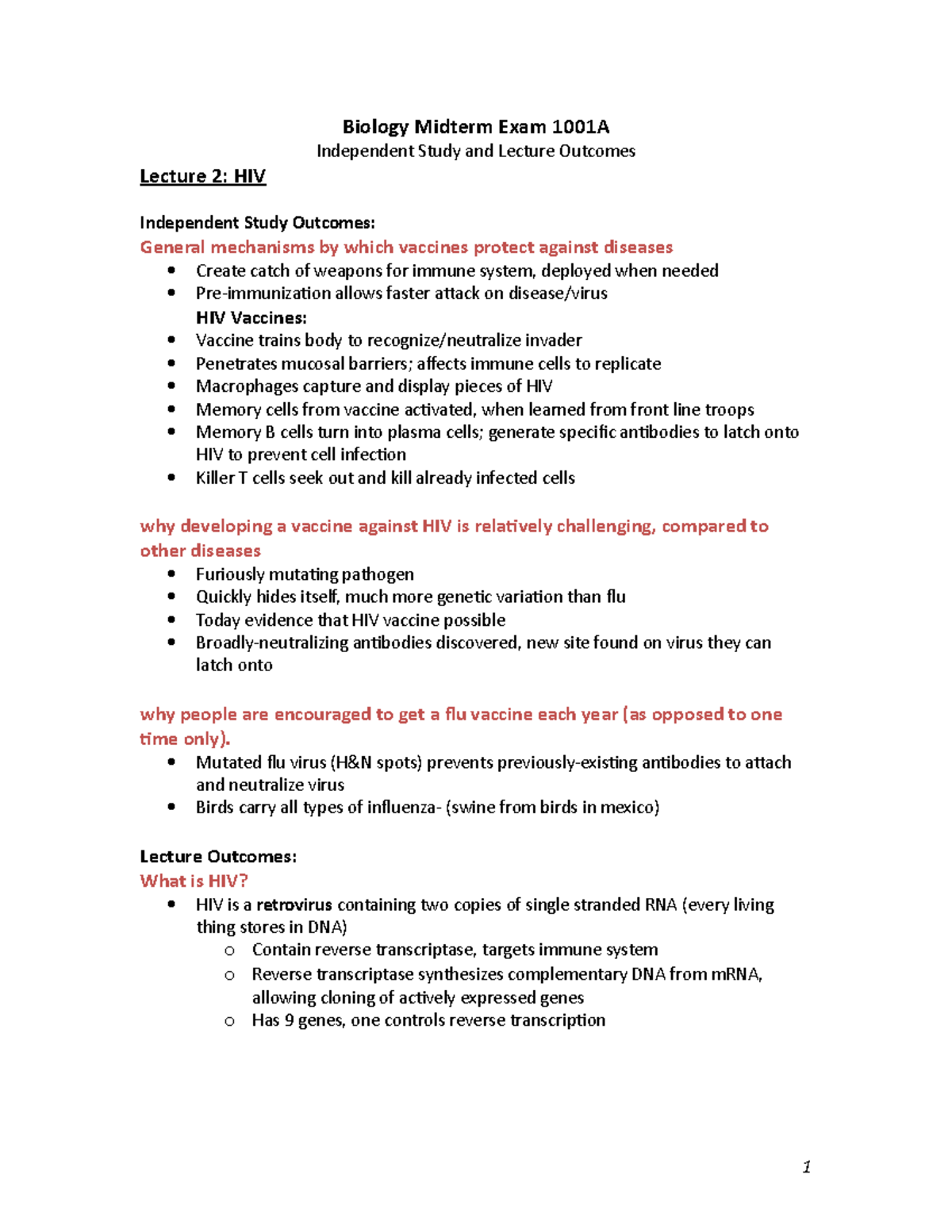 Biology Midterm Exam 1001A- Lecture and Independent Study Outcomes ...