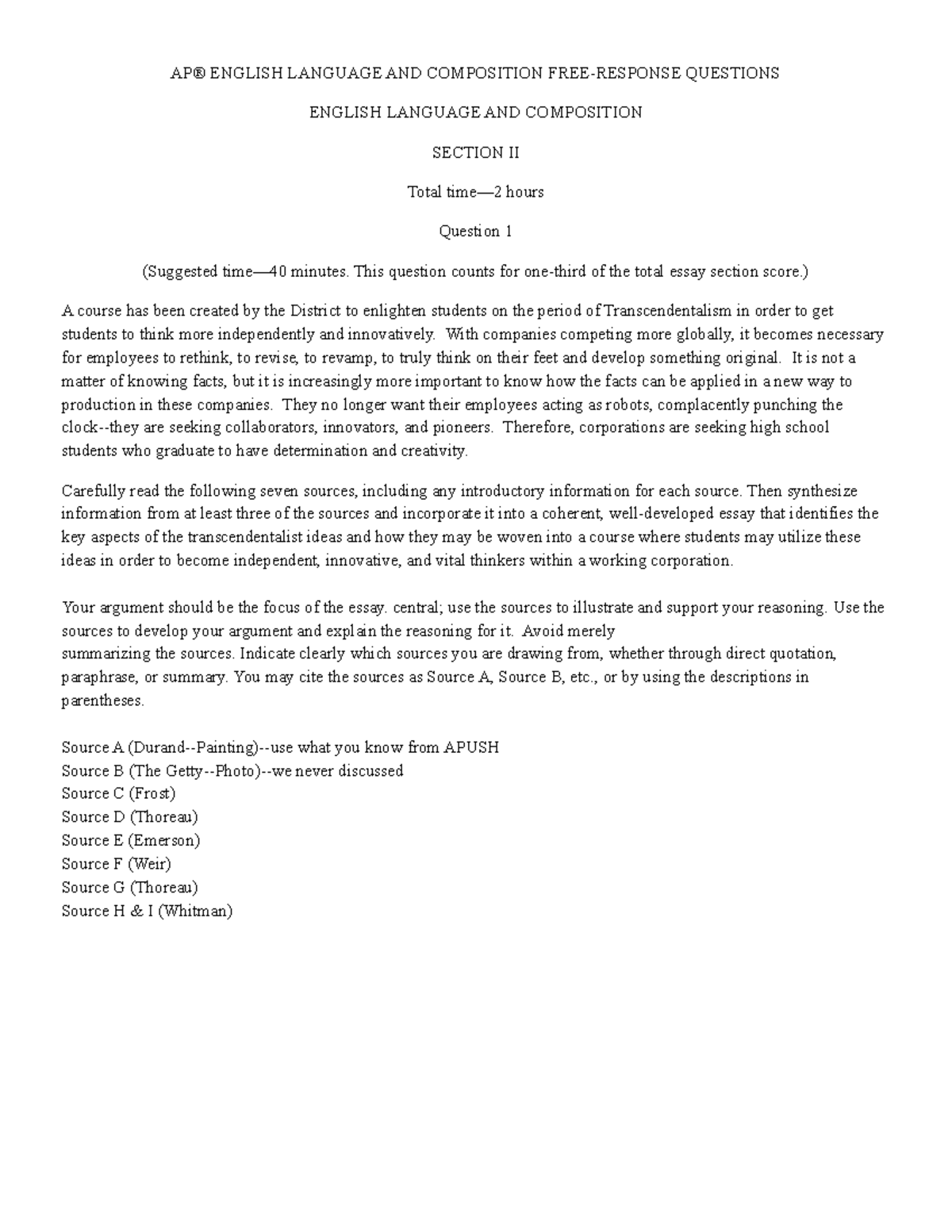 AP Prompt Question 1 Synthesis - ENGLISH LANGUAGE AND COMPOSITION ...