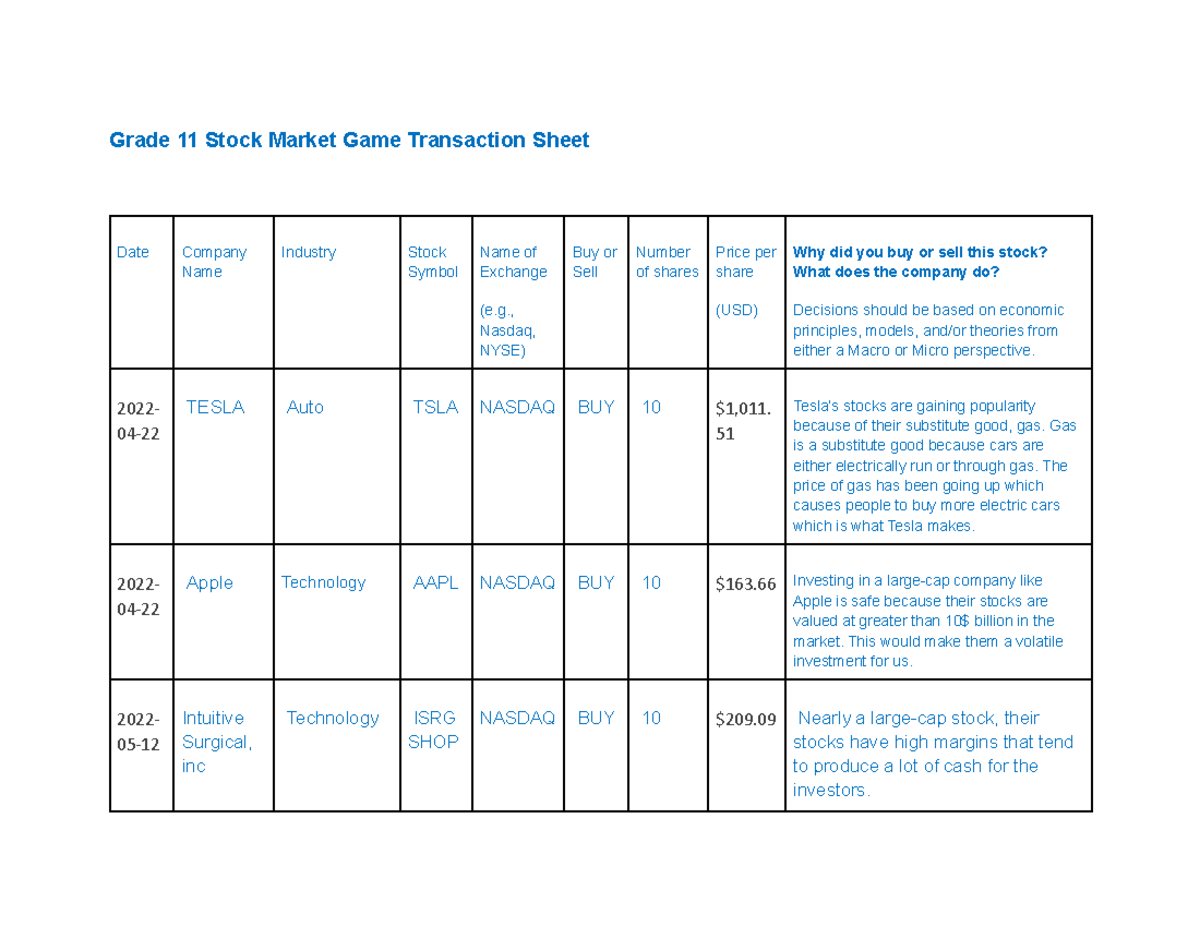 Stock Market Game Transaction Sheet - , Nasdaq, NYSE) Buy or Sell ...