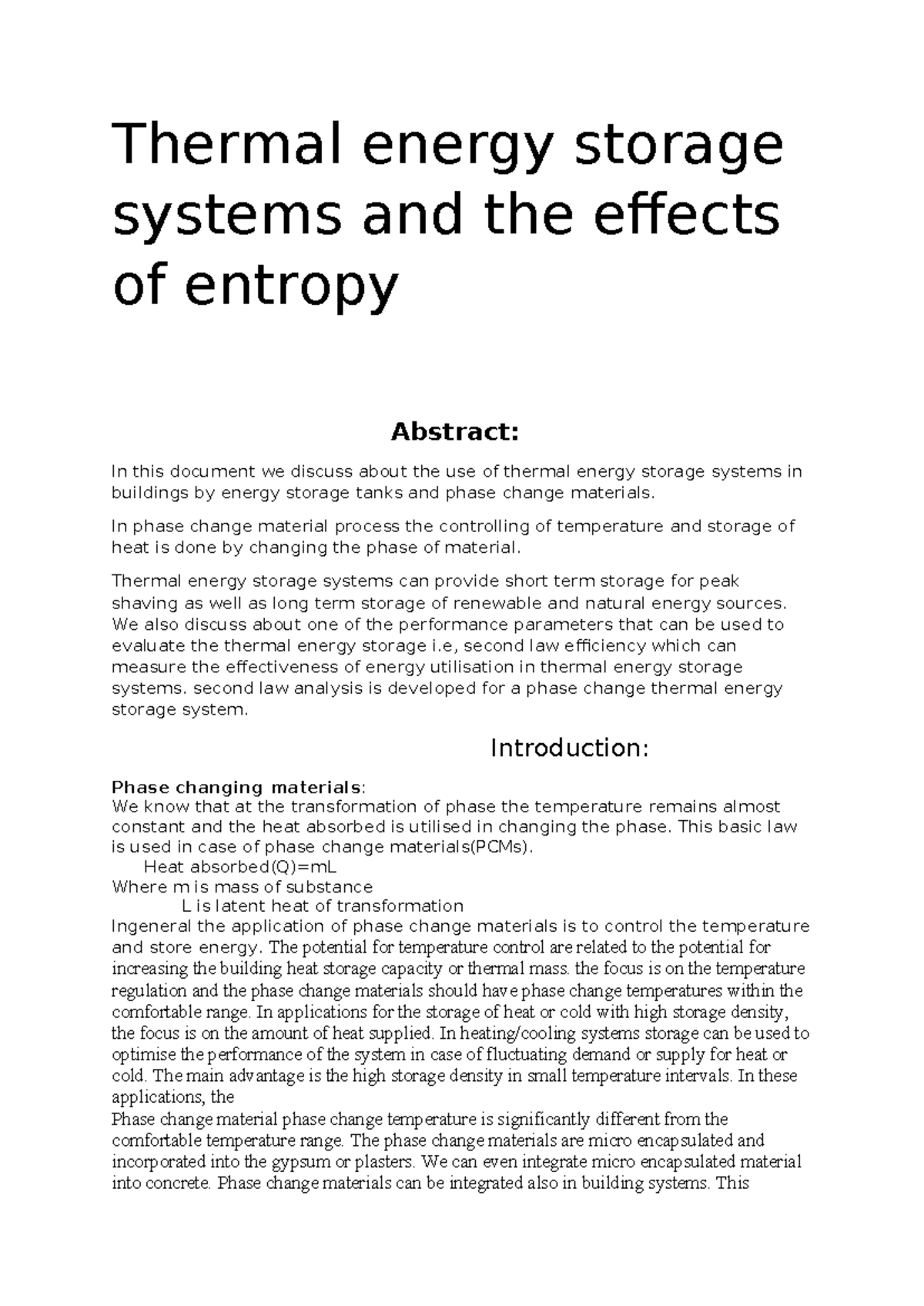 Thermal energy storage systems and the effects of entropy - Thermal ...